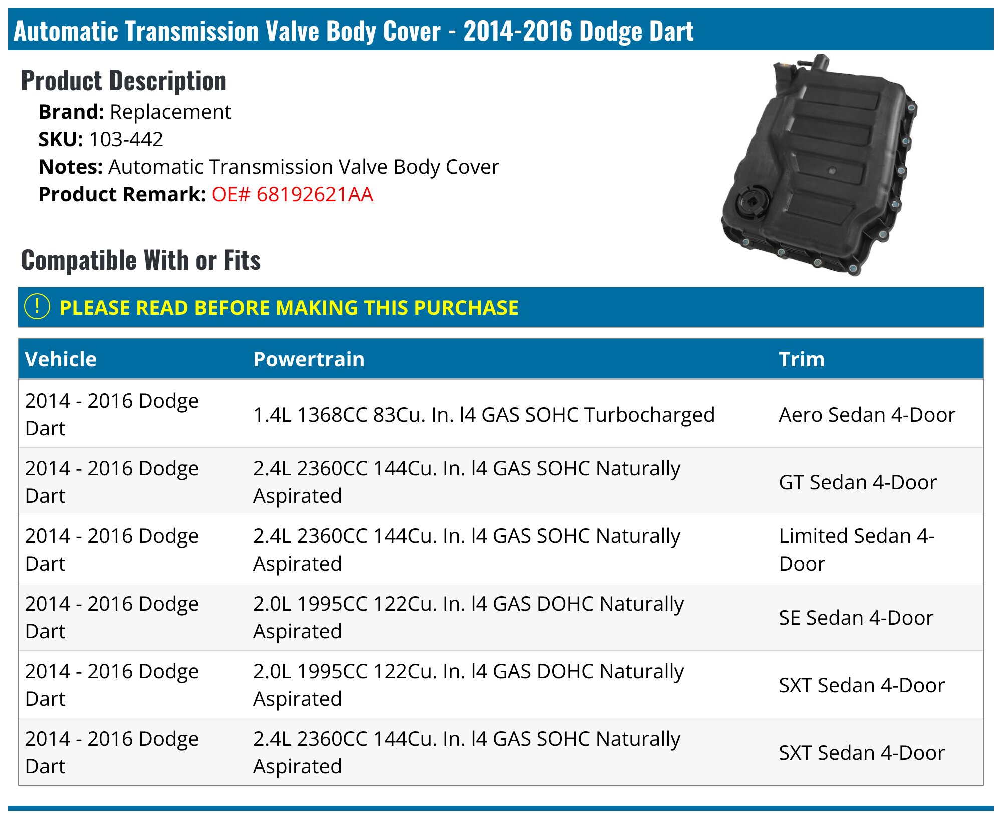 2014-2016 Dodge Dart Automatic Transmission Valve Body Cover ...