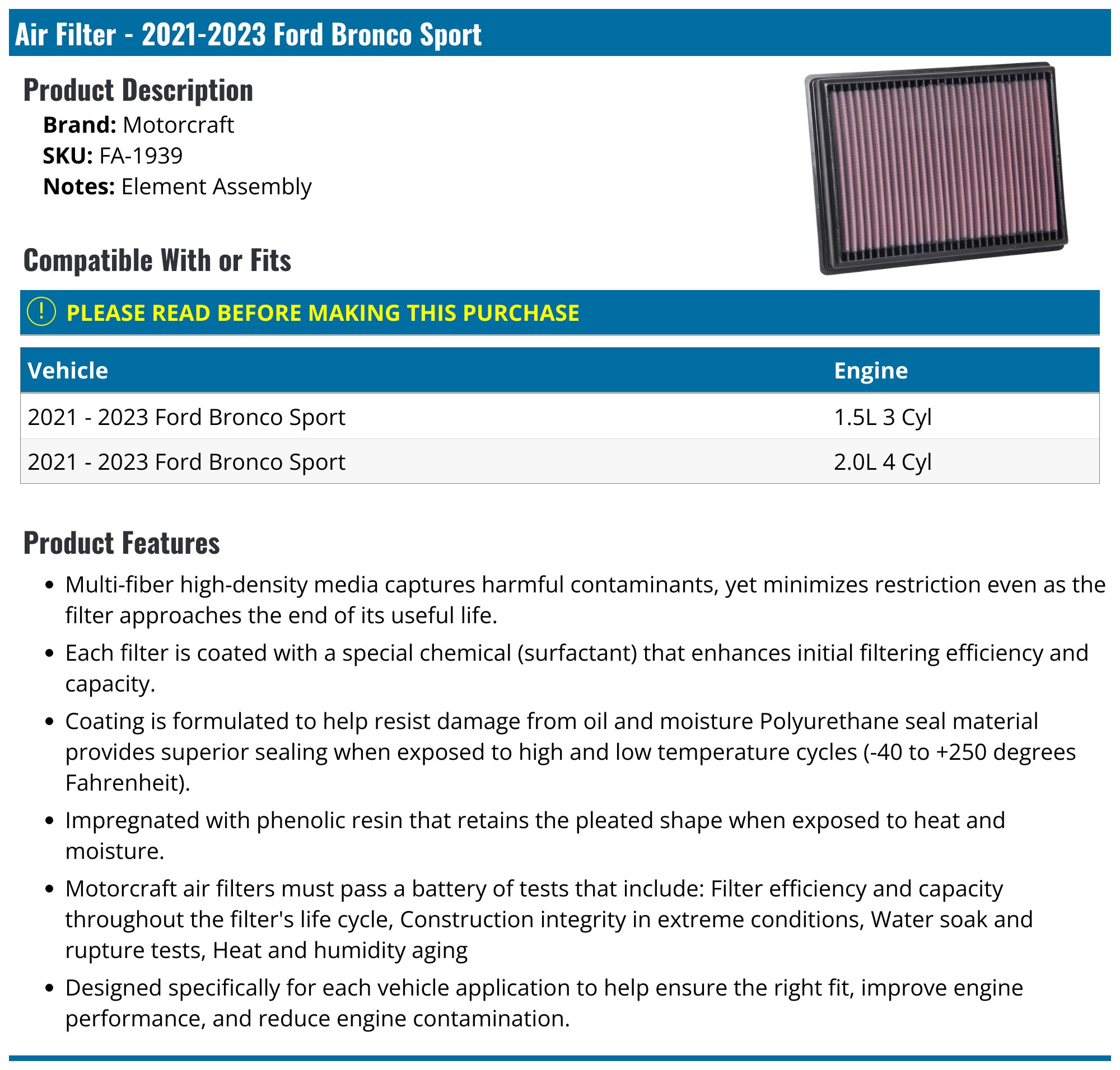 2021-2025 Ford Bronco Sport Air Filter - Motorcraft FA-1939 - PartsGeek.com