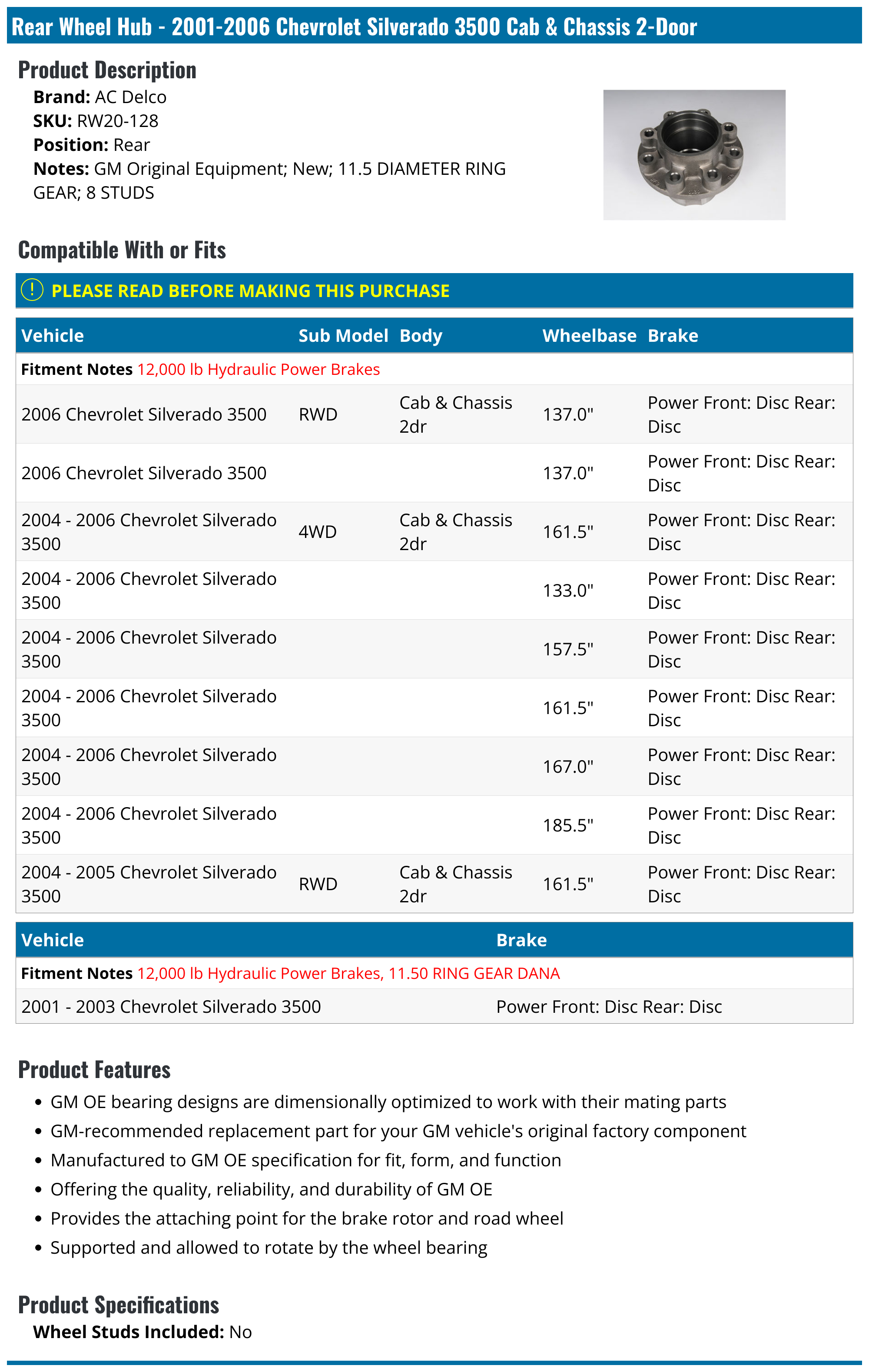 2001-2006 Chevrolet Silverado 3500 Wheel Hub Assembly - AC Delco RW20 ...