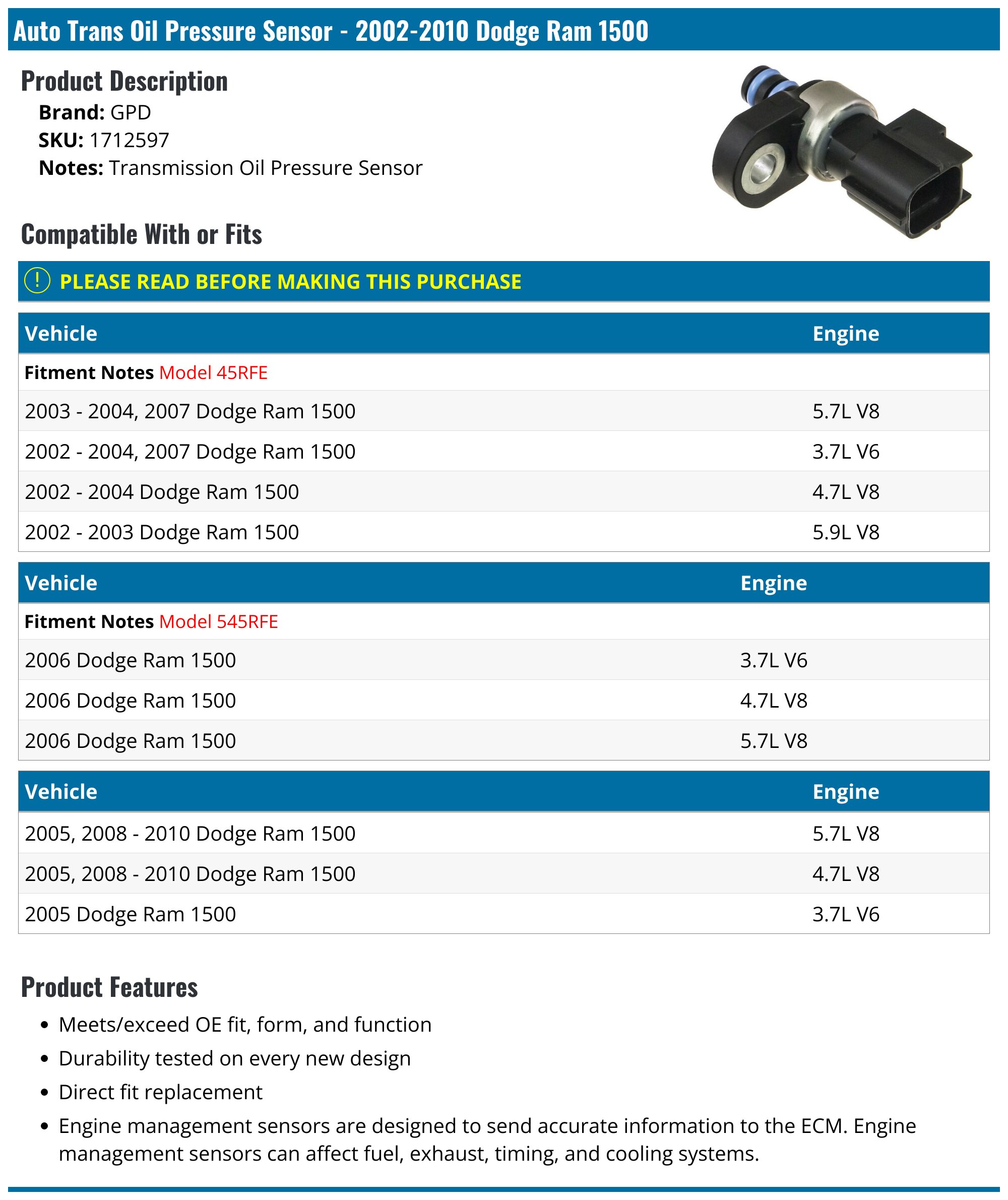 Dodge Ram Transmission Pressure Sensor