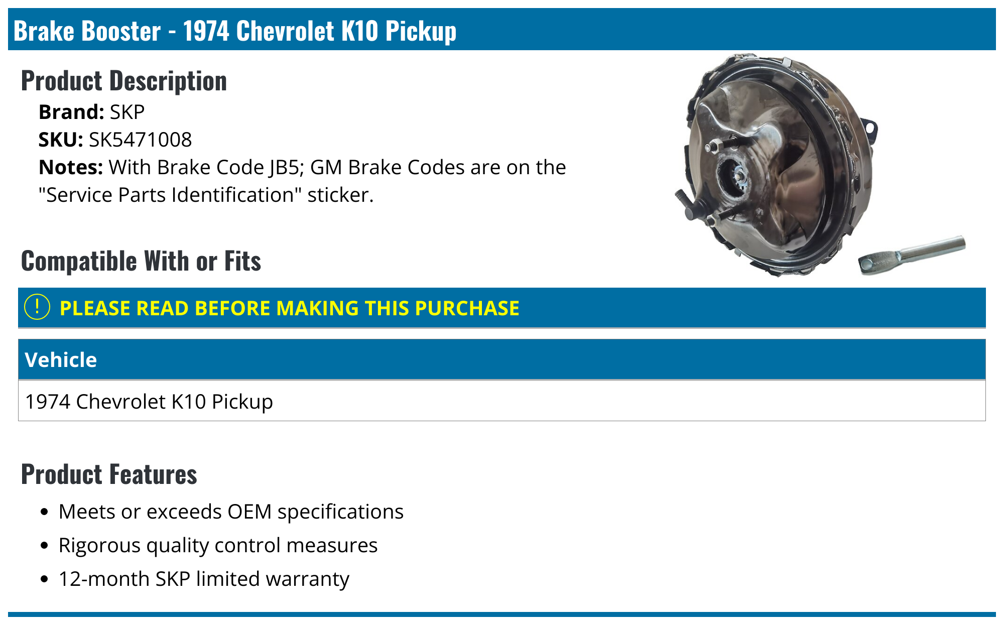 1974 Chevrolet K10 Pickup Brake Booster - SKP SK5471008 - PartsGeek.com
