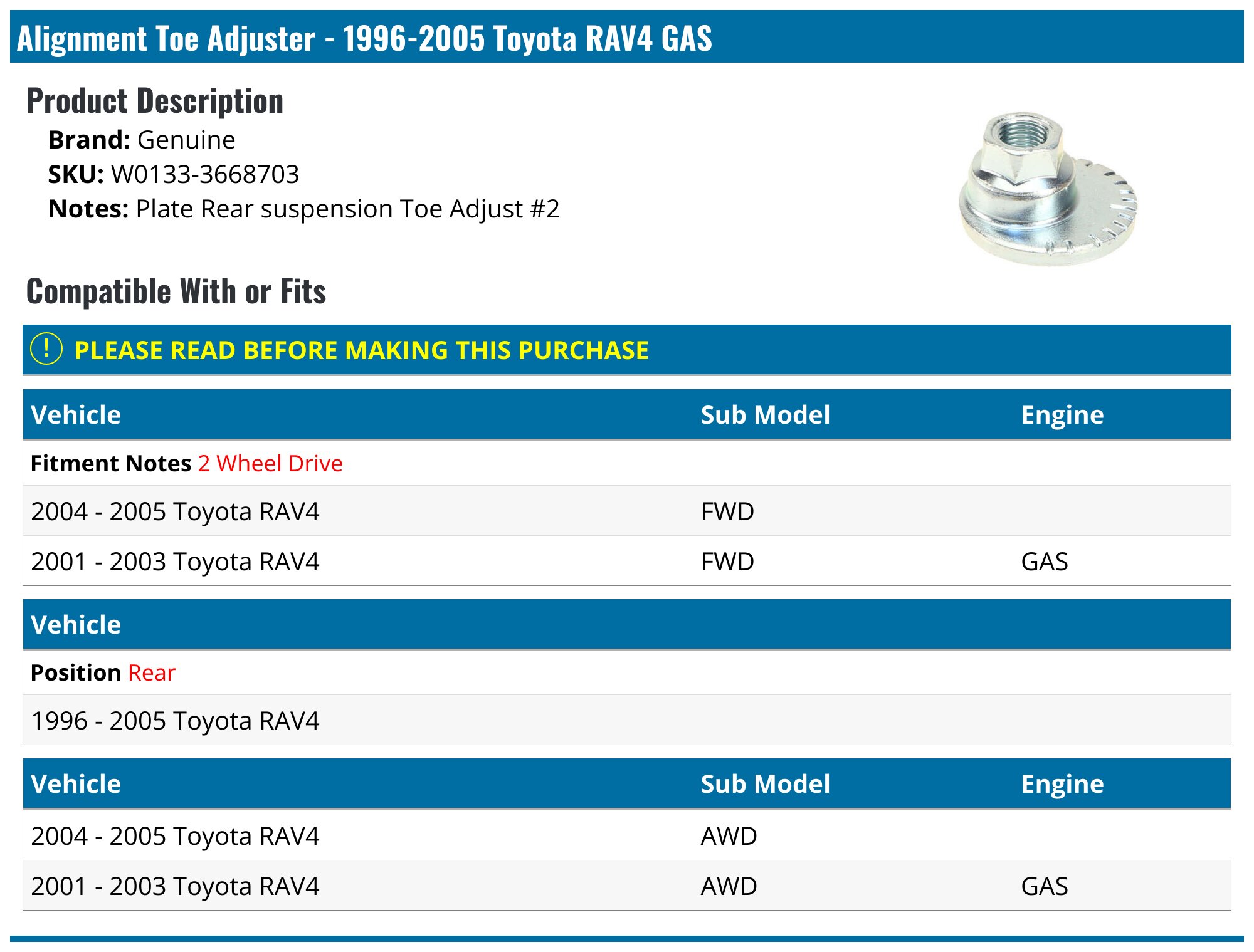 1996-2005 Toyota RAV4 Alignment Toe Adjuster - Genuine W0133-3668703 ...