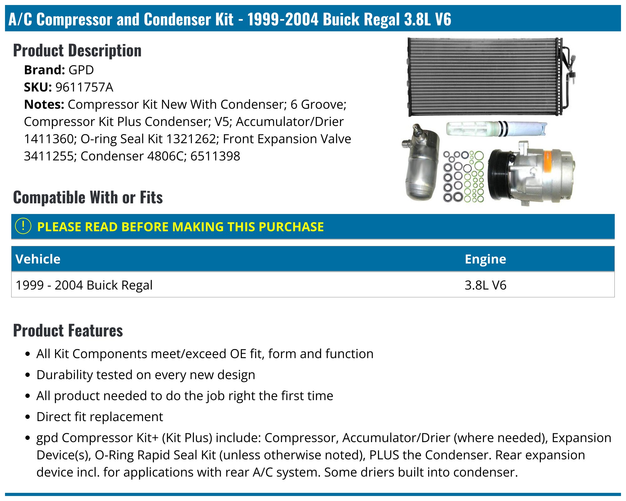 1999-2004 Buick Regal A/C Compressor - GPD 9611757A - PartsGeek.com