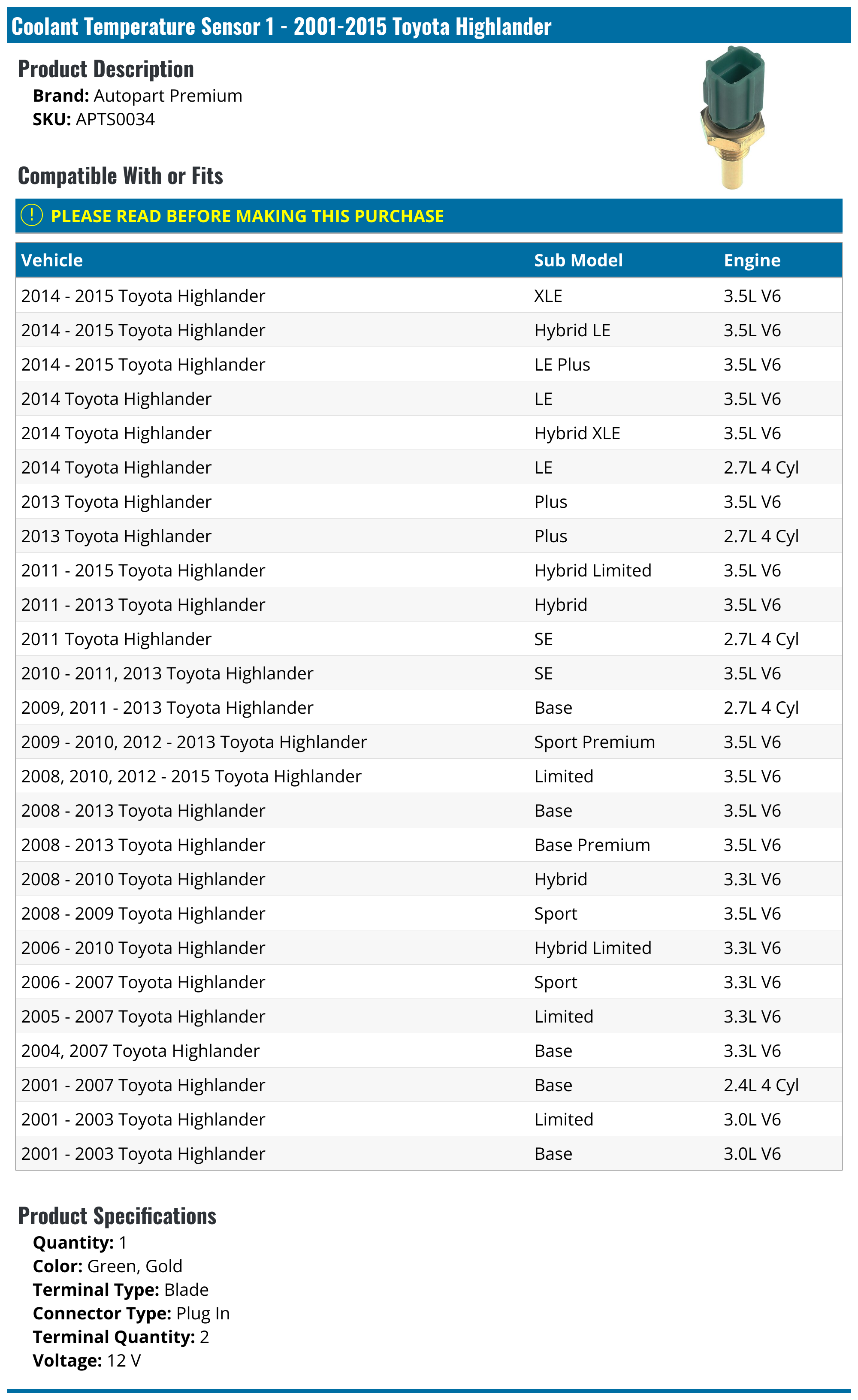 2001-2015 Toyota Highlander Engine Coolant Temperature Sensor ...