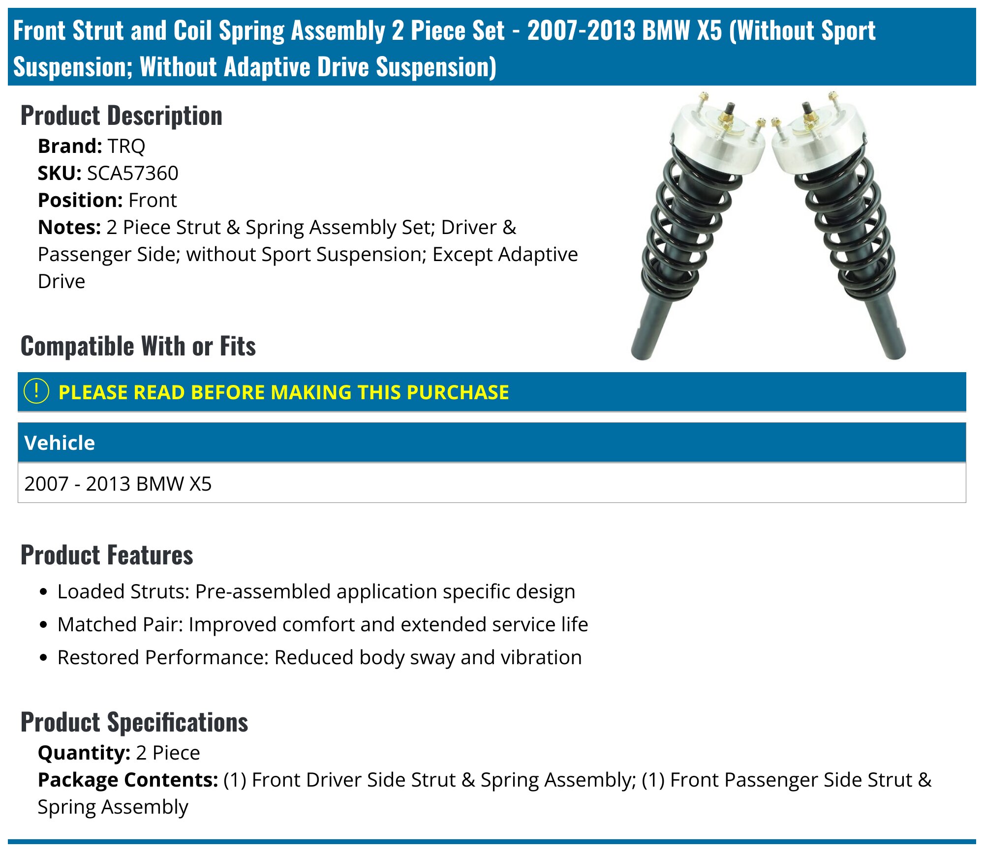 2007-2013 BMW X5 Strut Assembly - TRQ SCA57360 - Front - PartsGeek.com