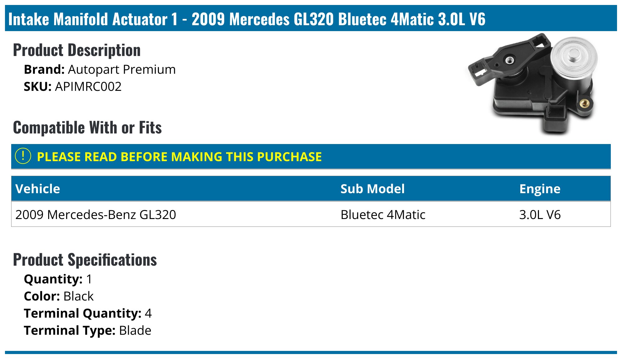 2009 Mercedes GL320 Intake Manifold Actuator - Autopart Premium ...