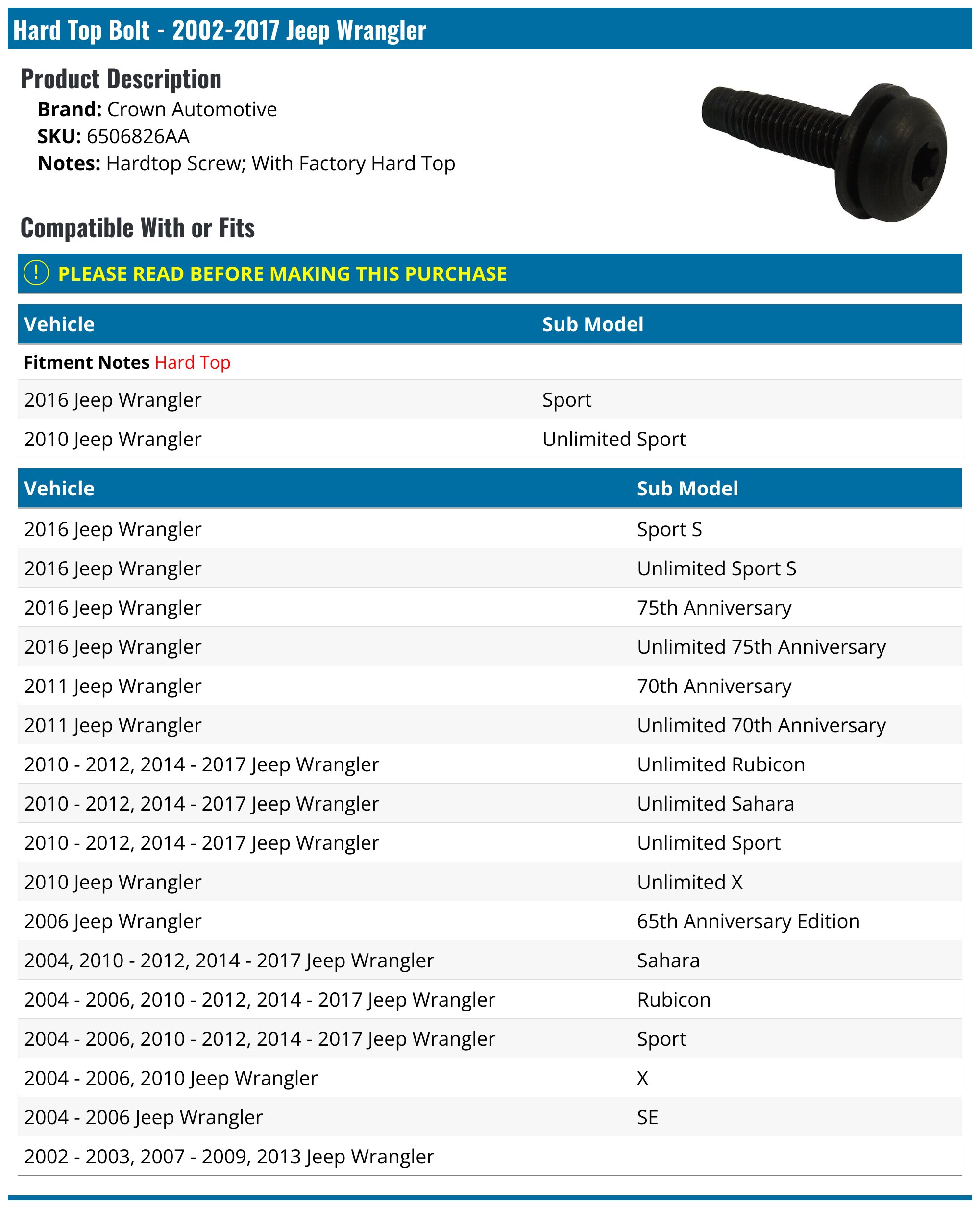 2002-2017 Jeep Wrangler Hard Top Bolt - Crown Automotive 6506826AA ...