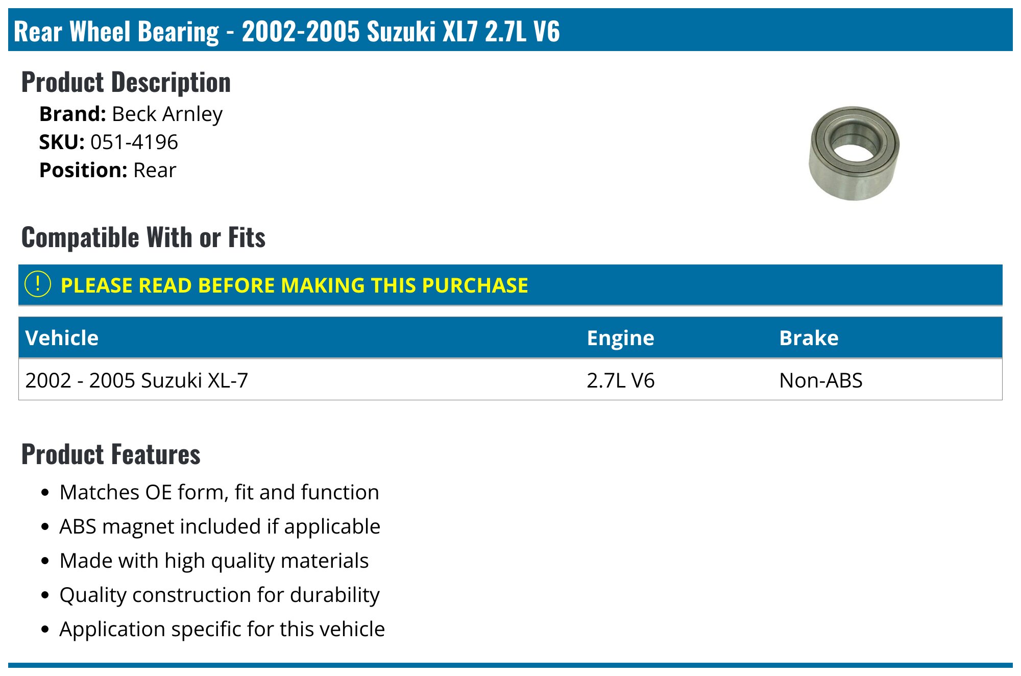 2002-2005 Suzuki XL7 Wheel Bearing - Beck Arnley 051-4196 - Rear ...