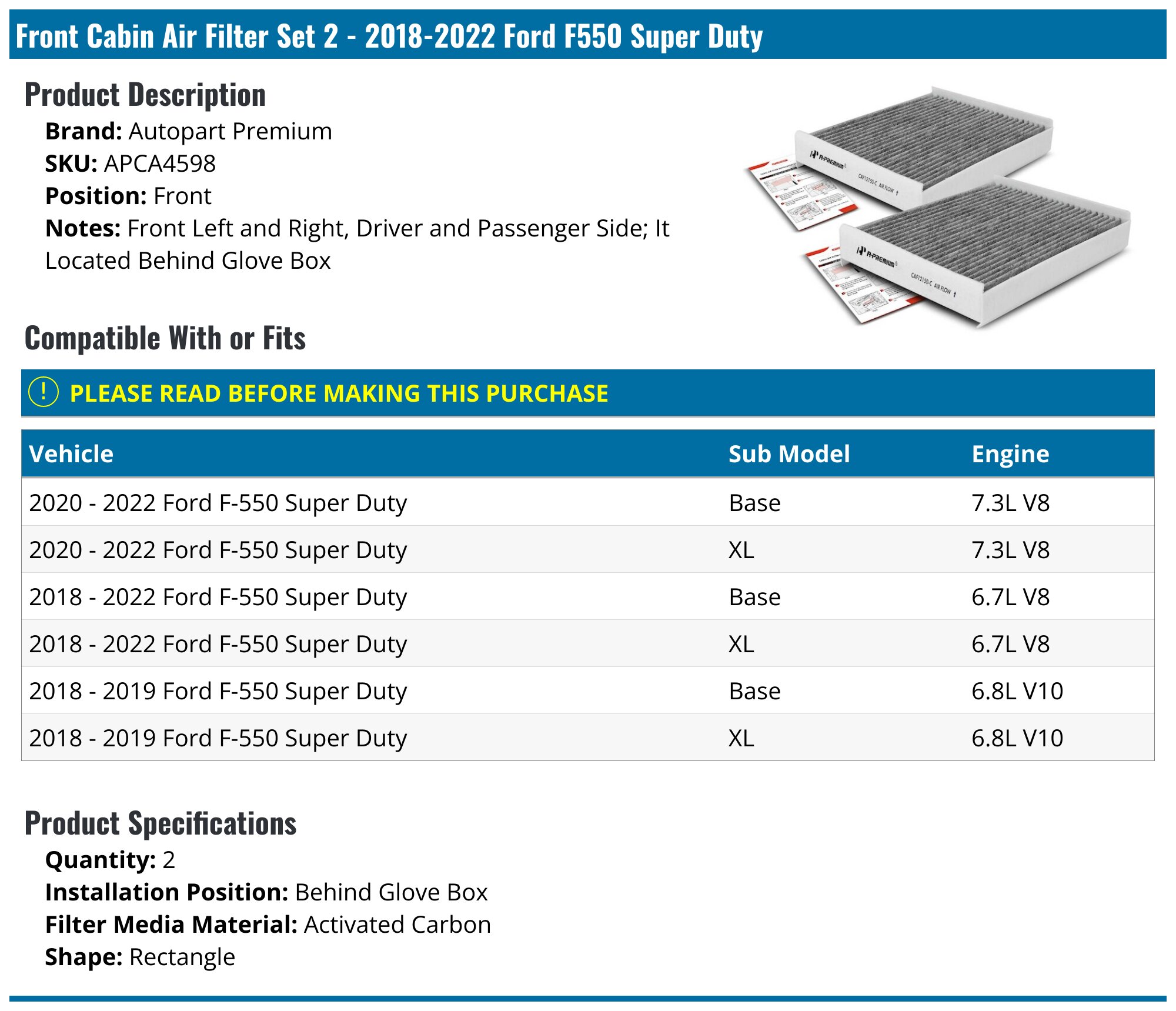 2018-2022 Ford F550 Super Duty Cabin Air Filter - Autopart Premium ...