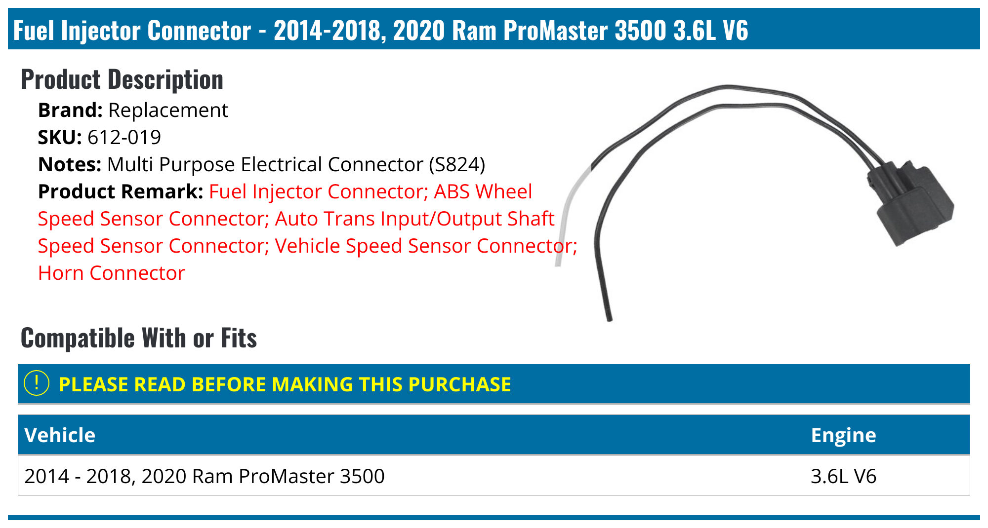 2014-2018, 2020 Ram ProMaster 3500 Fuel Injector Connector ...