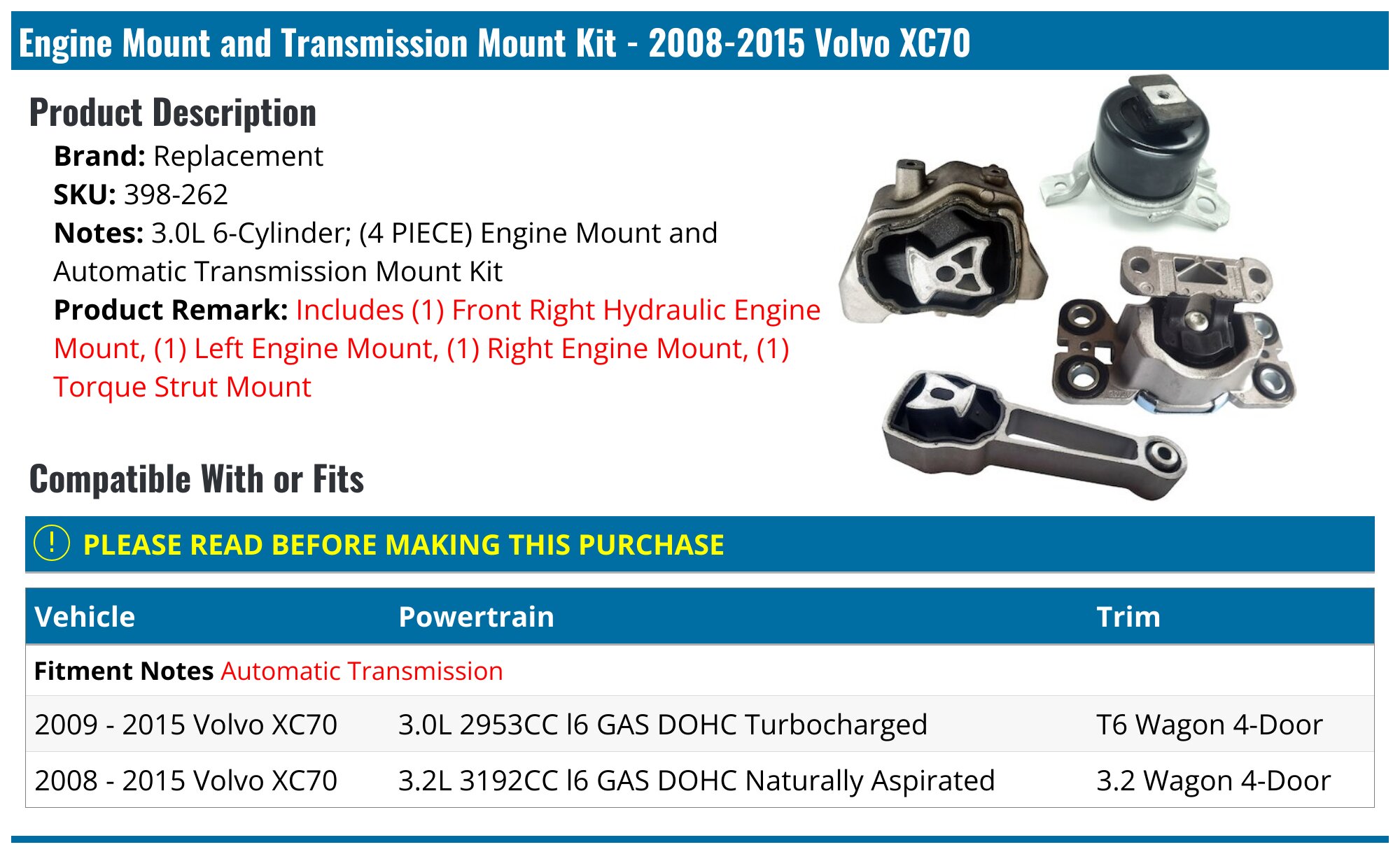 2008-2015 Volvo XC70 Engine Mount - Replacement 398-262 - PartsGeek.com