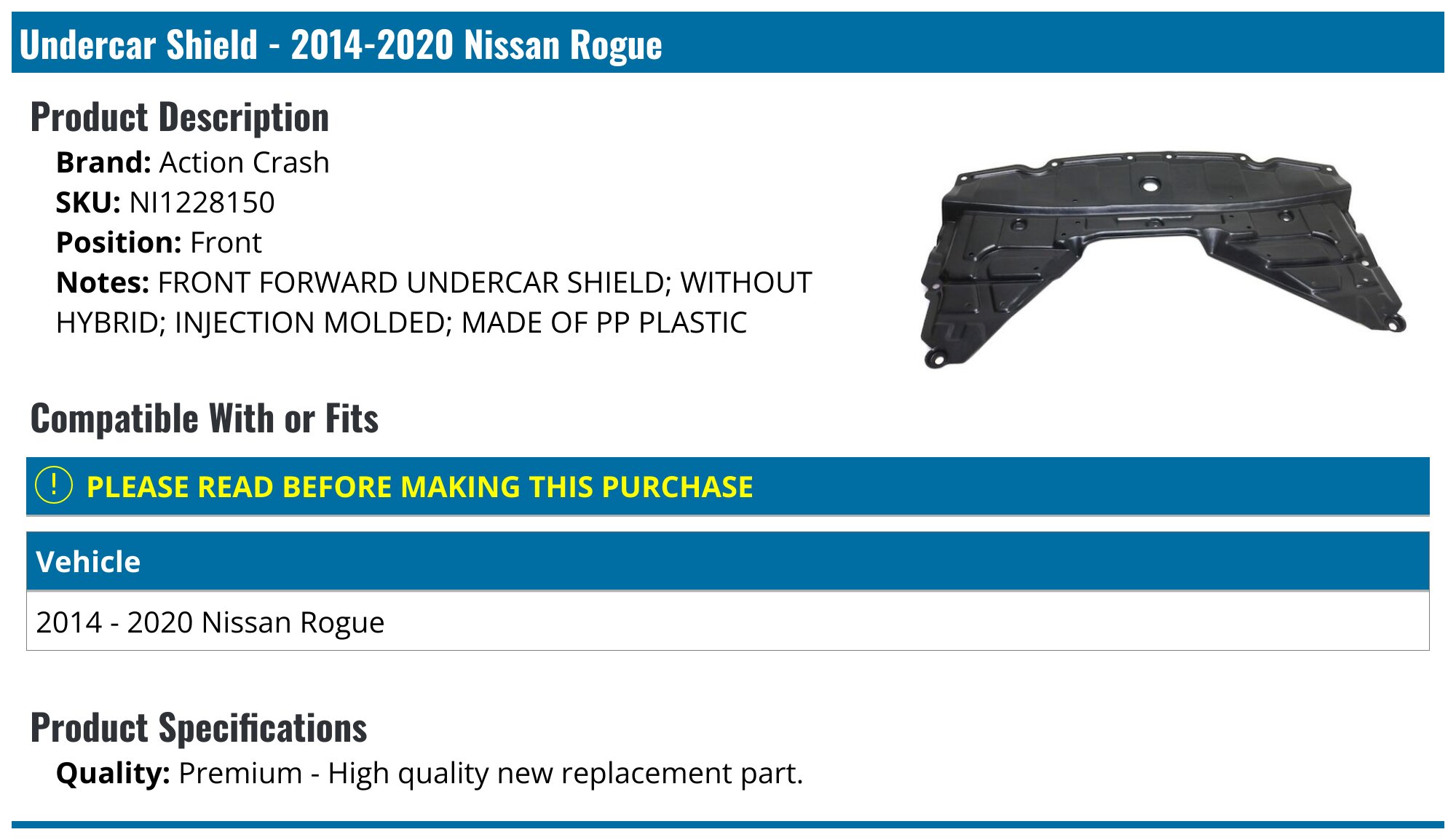 Nissan Rogue Skid Plate - Engine Cover - Action Crash Autopart Premium ...