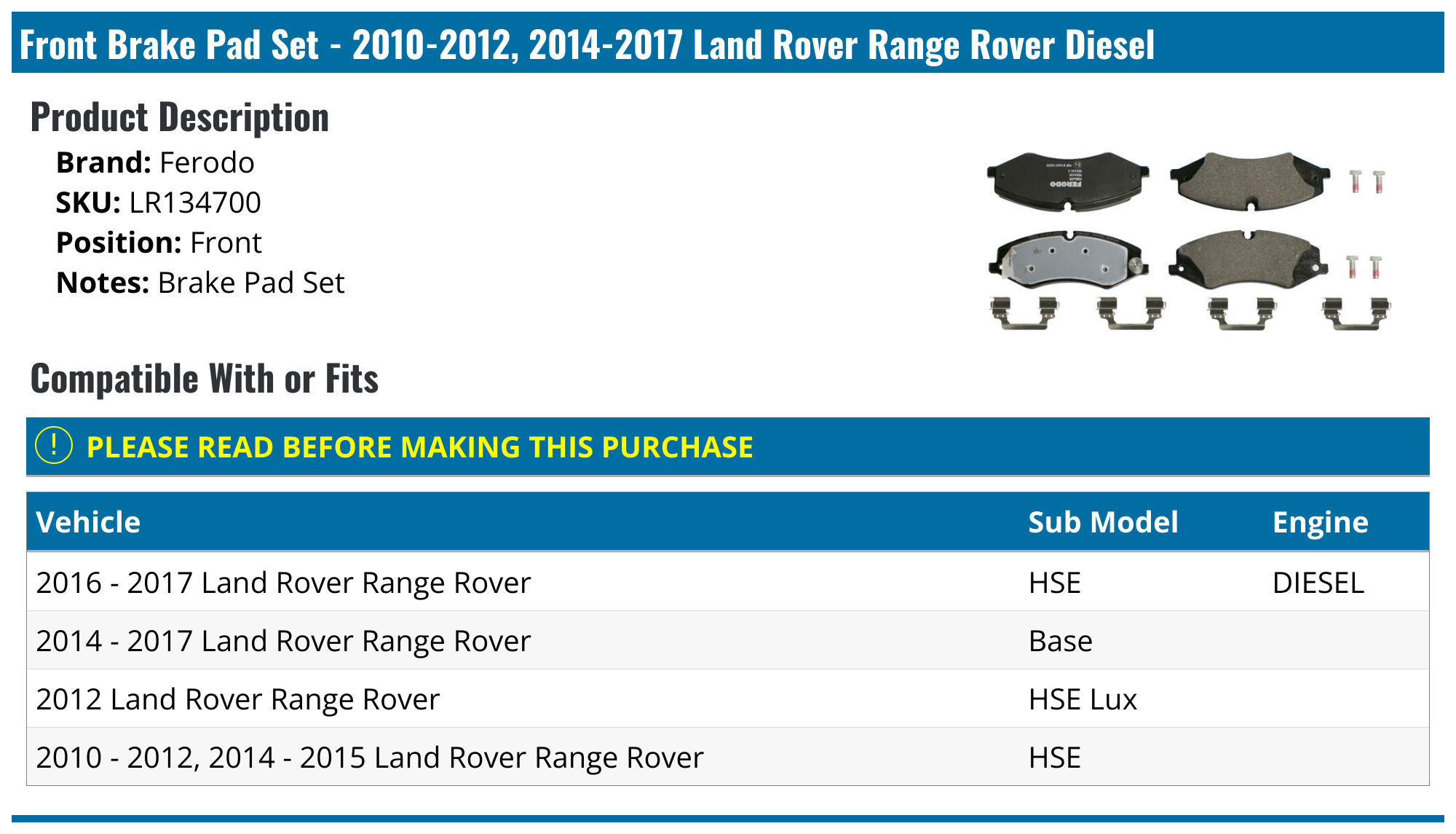 2010-2012, 2014-2017 Land Rover Range Rover Brake Pad Set - Ferodo ...