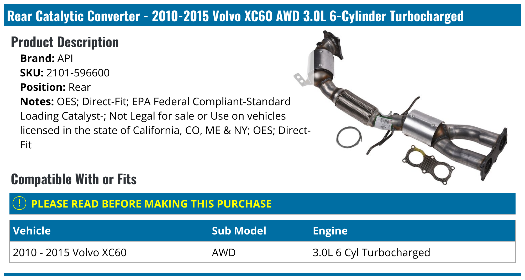2010-2015 Volvo XC60 Catalytic Converter - API 30405-07575766 - Rear ...