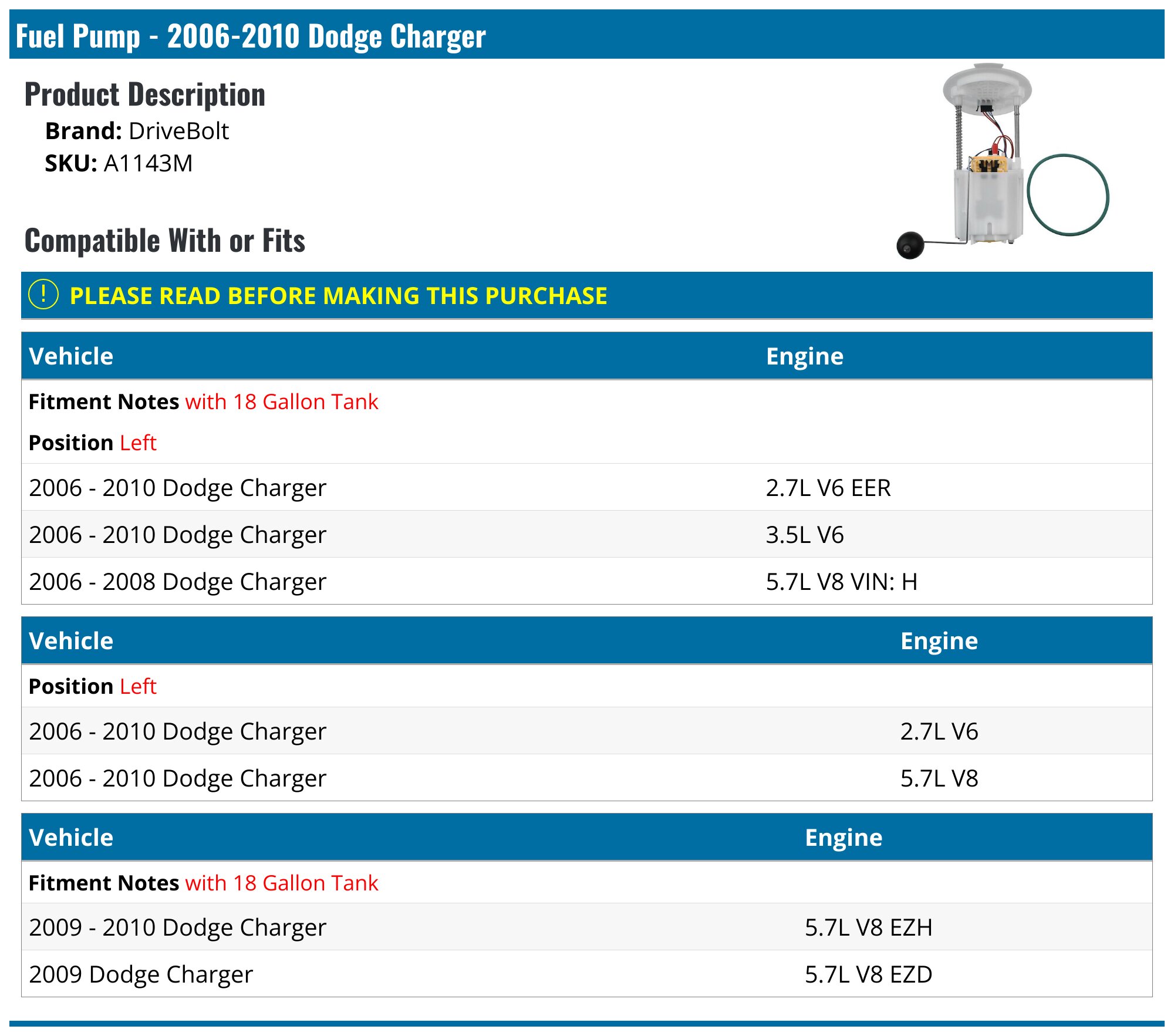 2006-2010 Dodge Charger Fuel Pump - DriveBolt A1143M - Left - PartsGeek.com