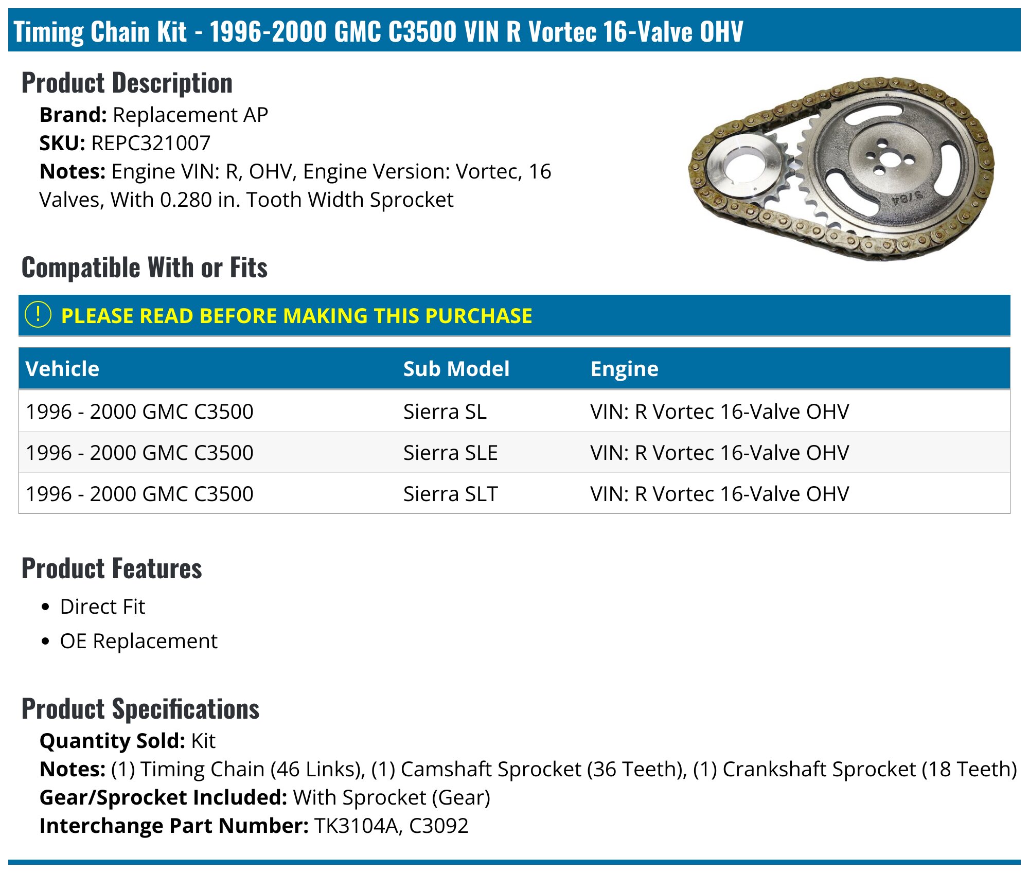1996-2000 GMC C3500 Timing Chain - Replacement AP REPC321007 ...
