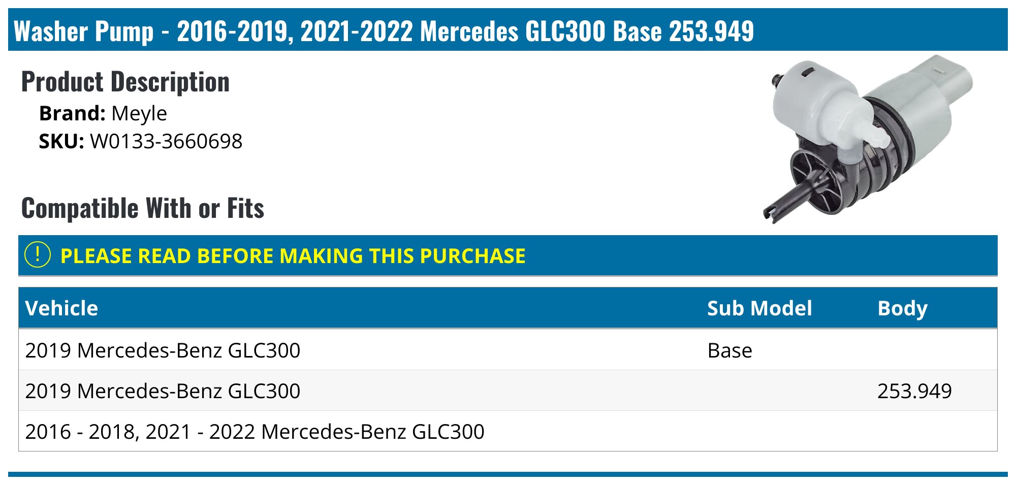 2016-2019 Mercedes GLC300 Washer Pump - Meyle W0133-3660698 - PartsGeek.com