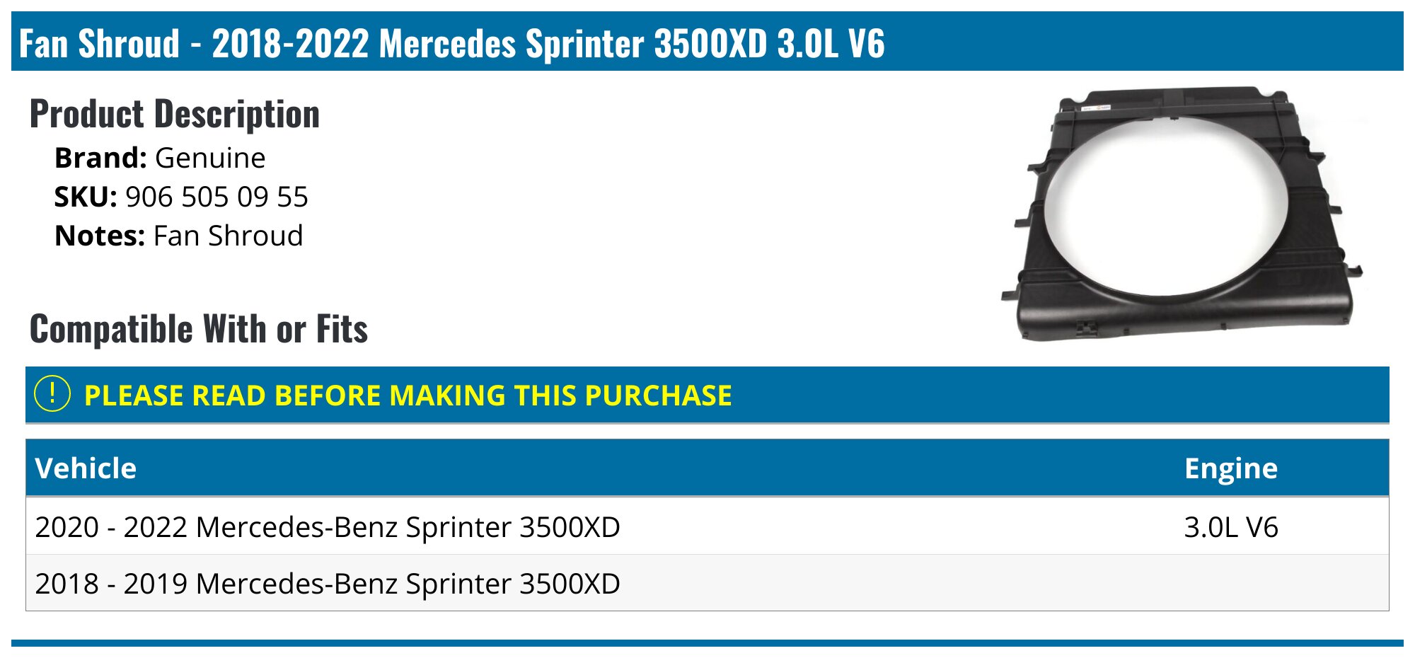 2018-2022 Mercedes Sprinter 3500XD Fan Shroud - Genuine 906 505 09 55 ...