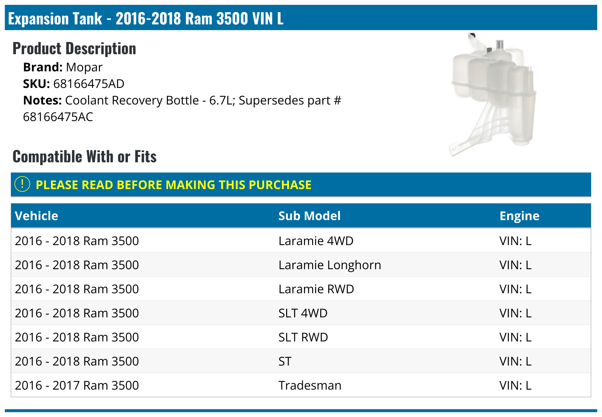 2016-2018 Ram 3500 Expansion Tank - Mopar 68166475AD - PartsGeek.com