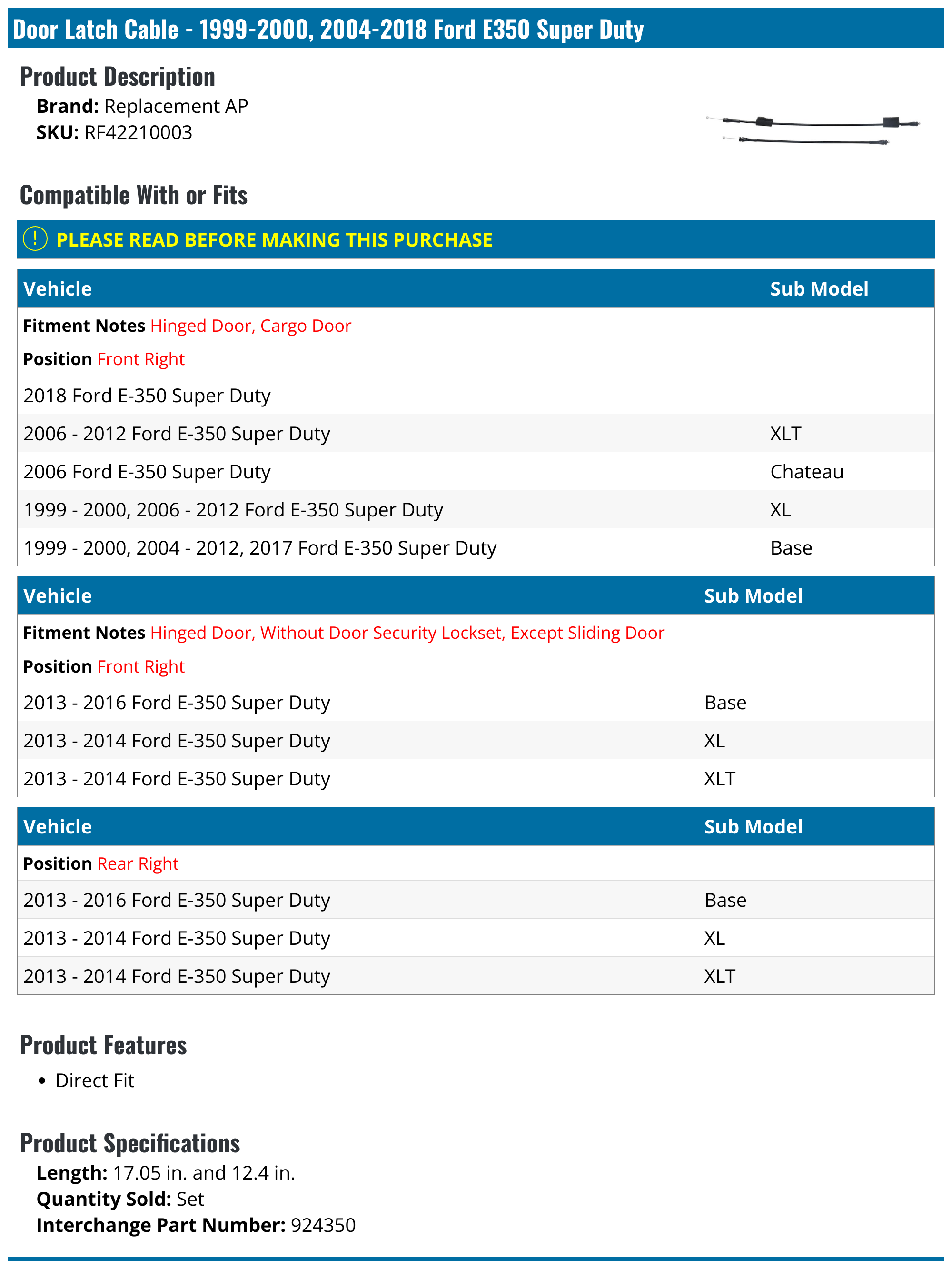 1999-2000, 2004-2018 Ford E350 Super Duty Door Latch Cable ...