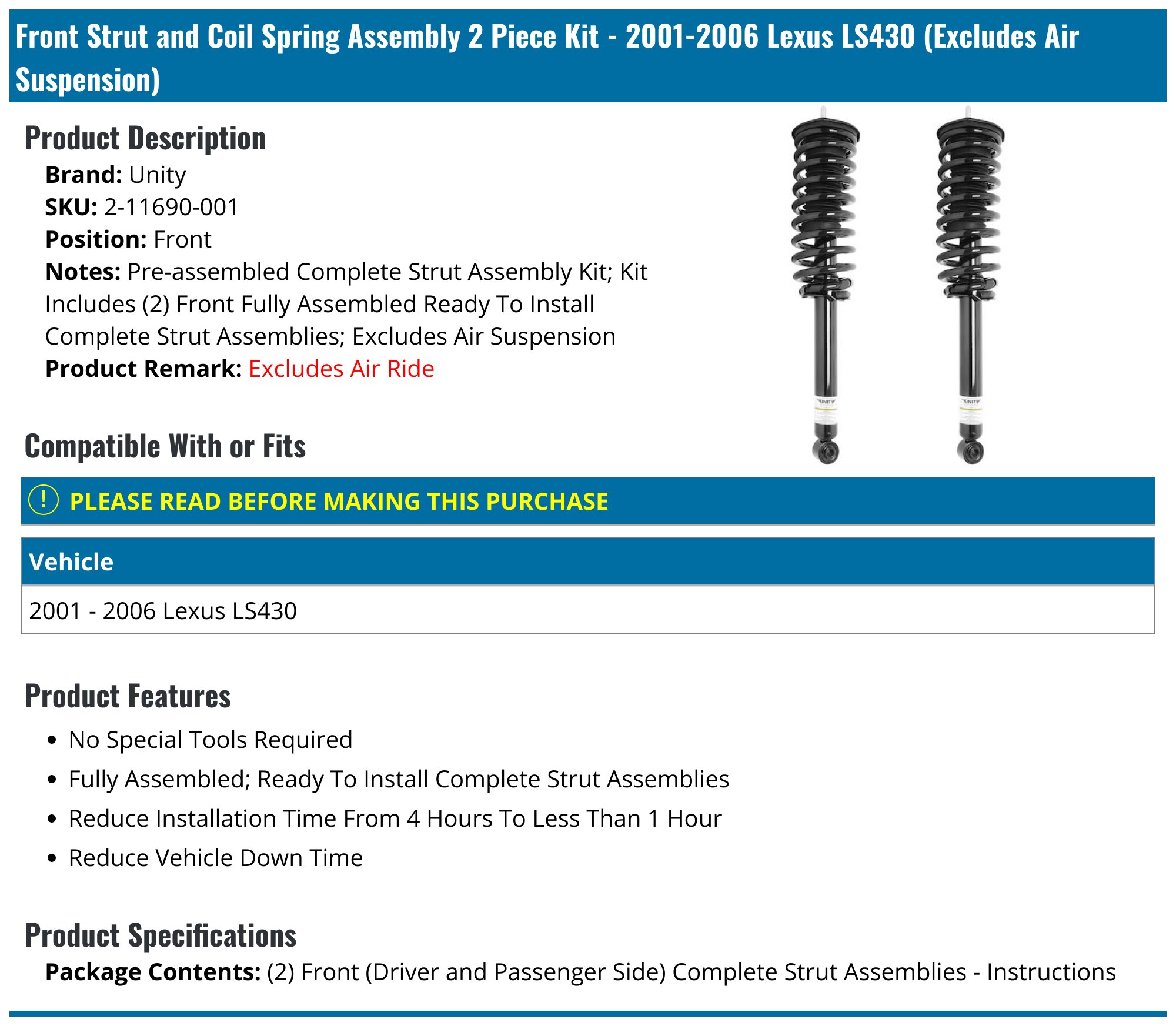 2001-2006 Lexus LS430 Strut Assembly - Unity 2-11690-001 - Front ...