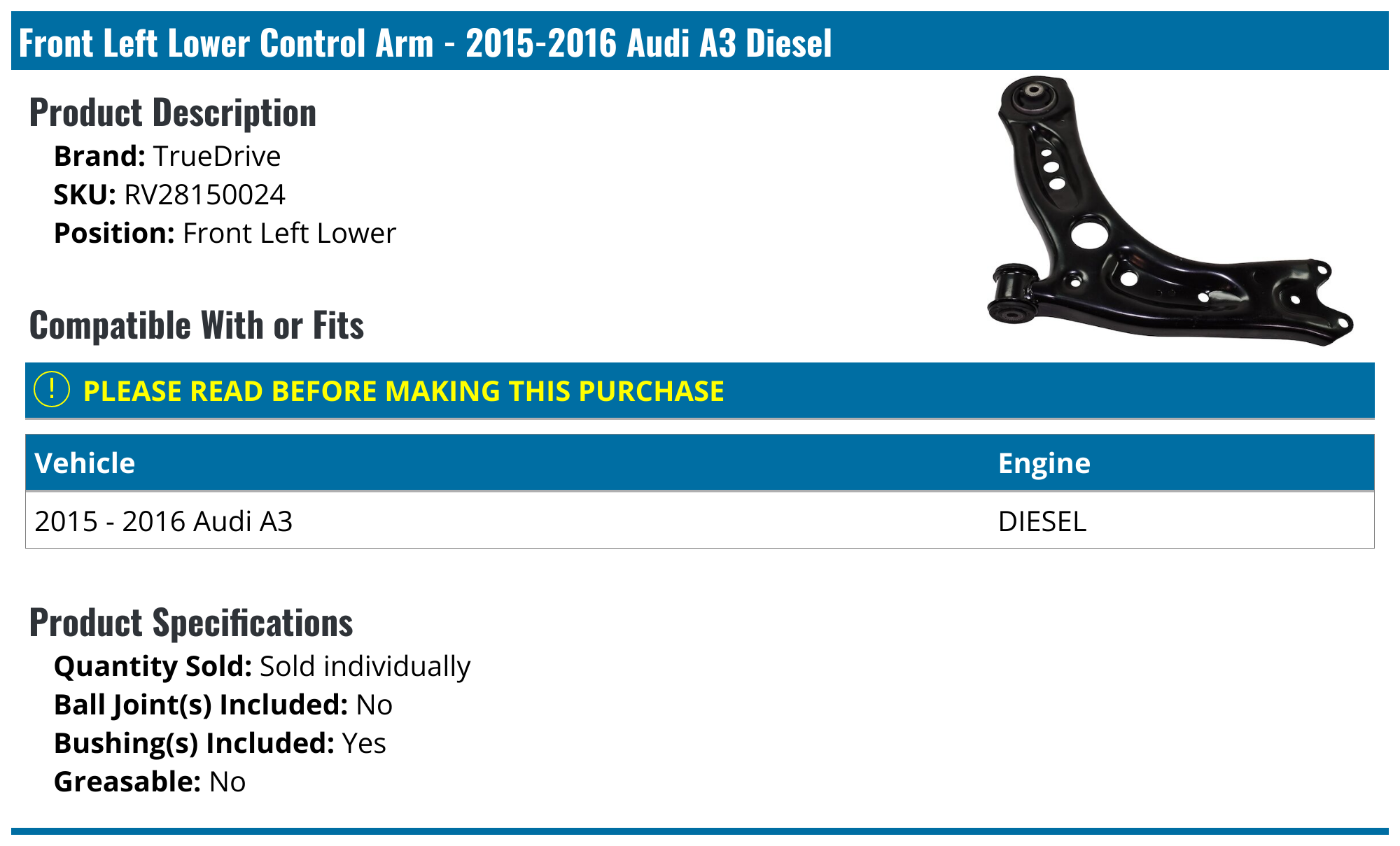 2015-2016 Audi A3 Control Arm - TrueDrive RV28150024 - Front Left Lower ...