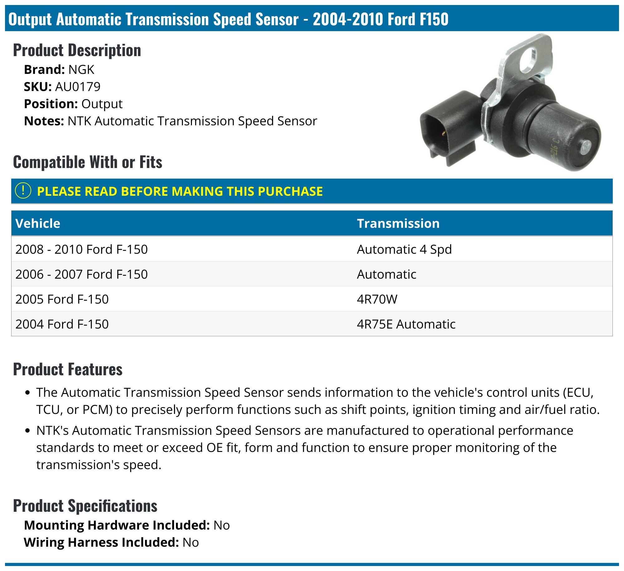 2004-2010 Ford F150 Automatic Transmission Speed Sensor - NGK AU0179 ...