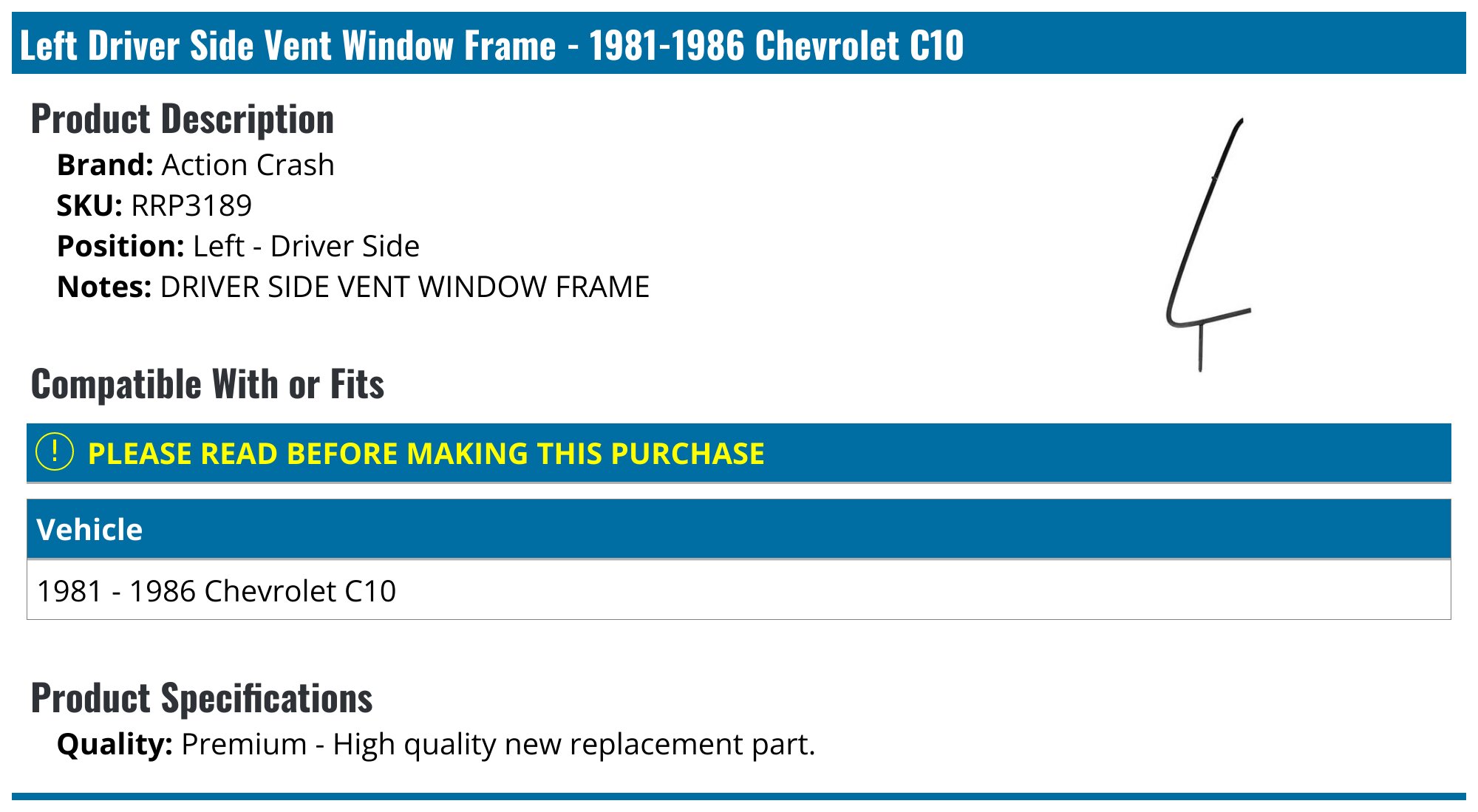 1981-1986 Chevrolet C10 Vent Window Frame - Action Crash RRP3189 - Left ...