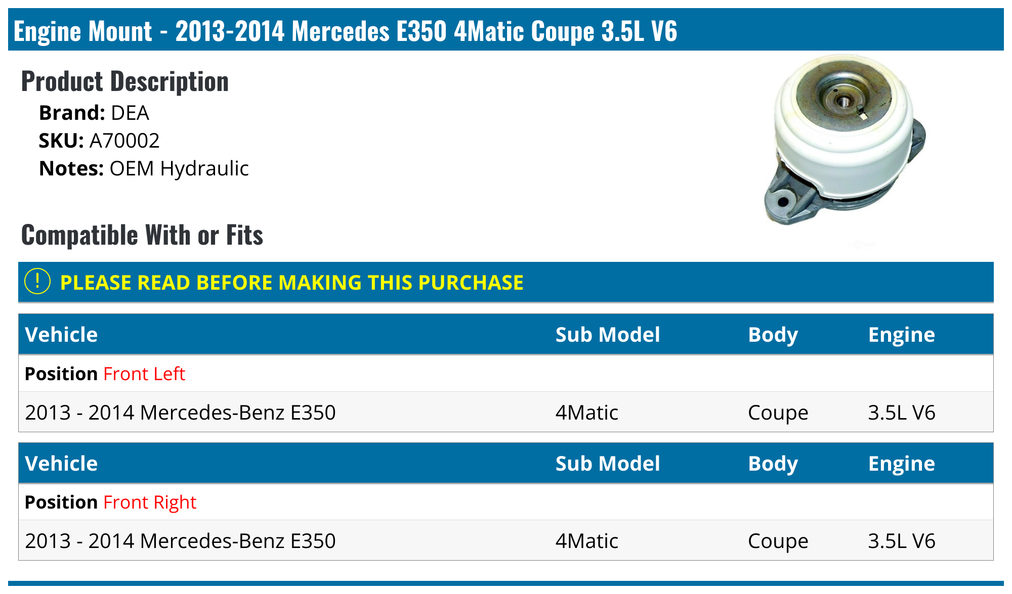 2012-2016 Mercedes E350 Engine Mount - DEA A70002 - Front Right ...
