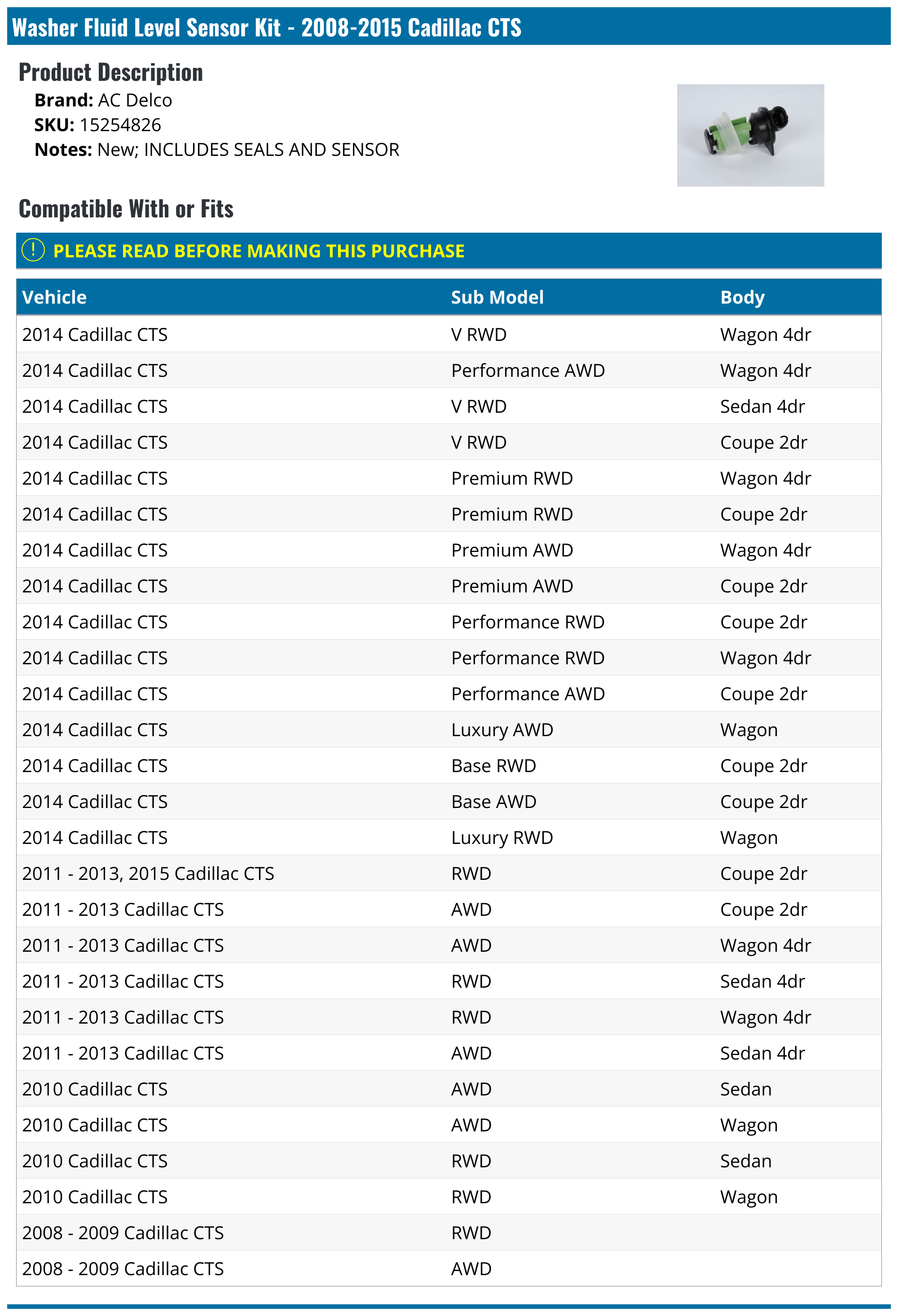 2008-2015 Cadillac CTS Washer Fluid Level Sensor Kit - AC Delco ...