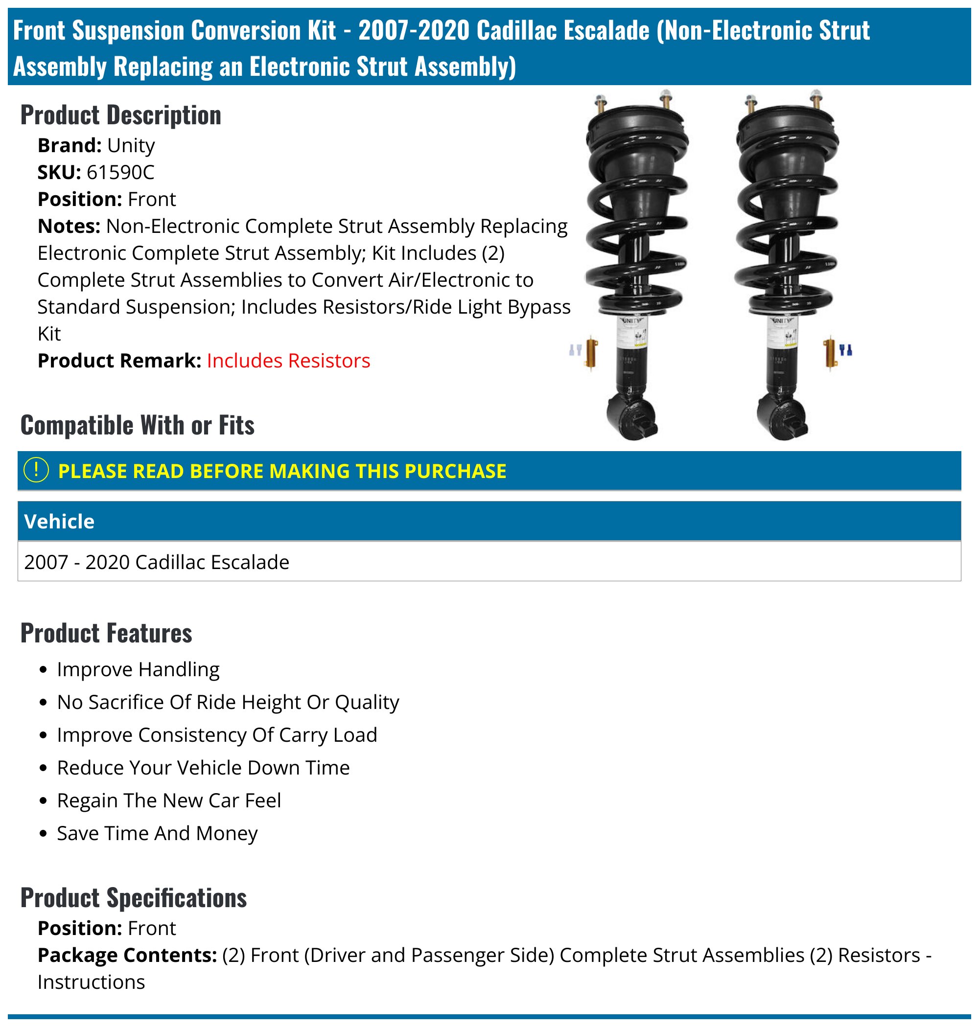 2007-2020 Cadillac Escalade Suspension Conversion Kit - Unity 61590C ...