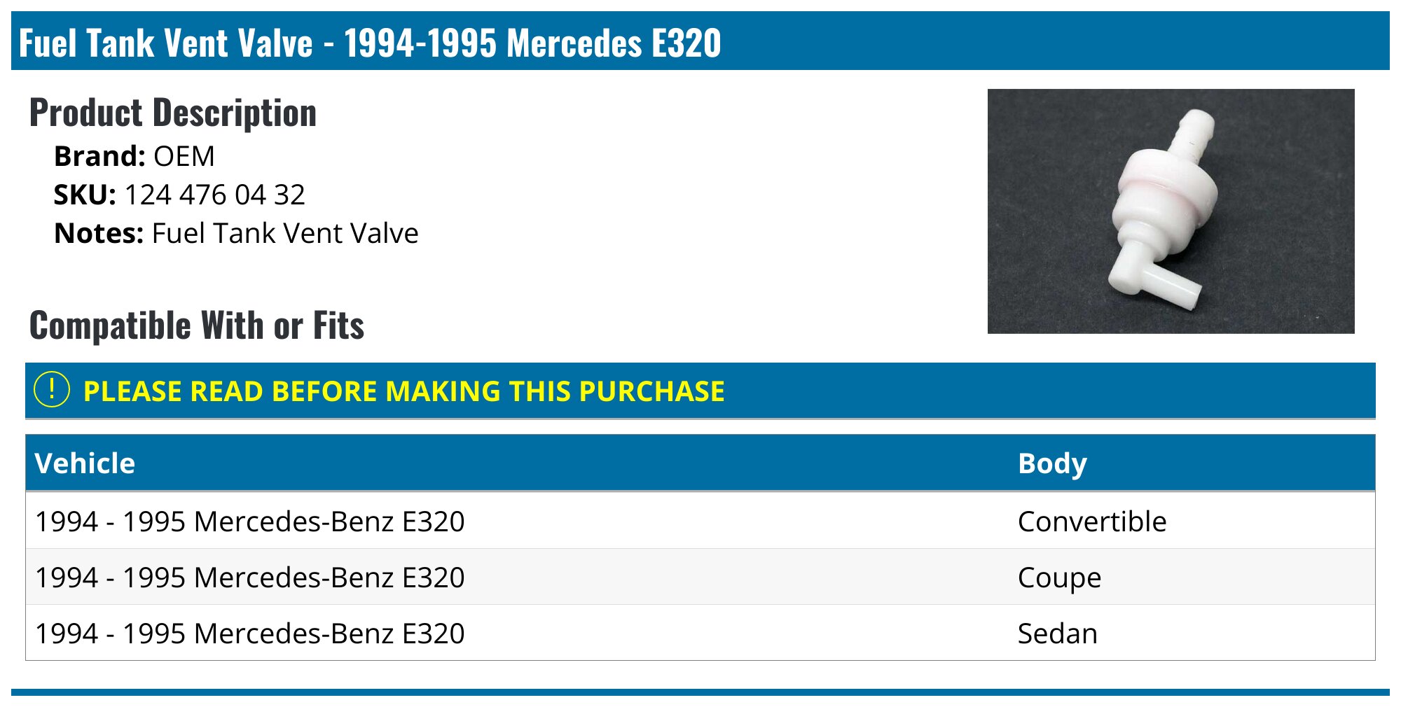 1994-1995 Mercedes E320 Fuel Tank Vent Valve - OEM 124 476 04 32 ...