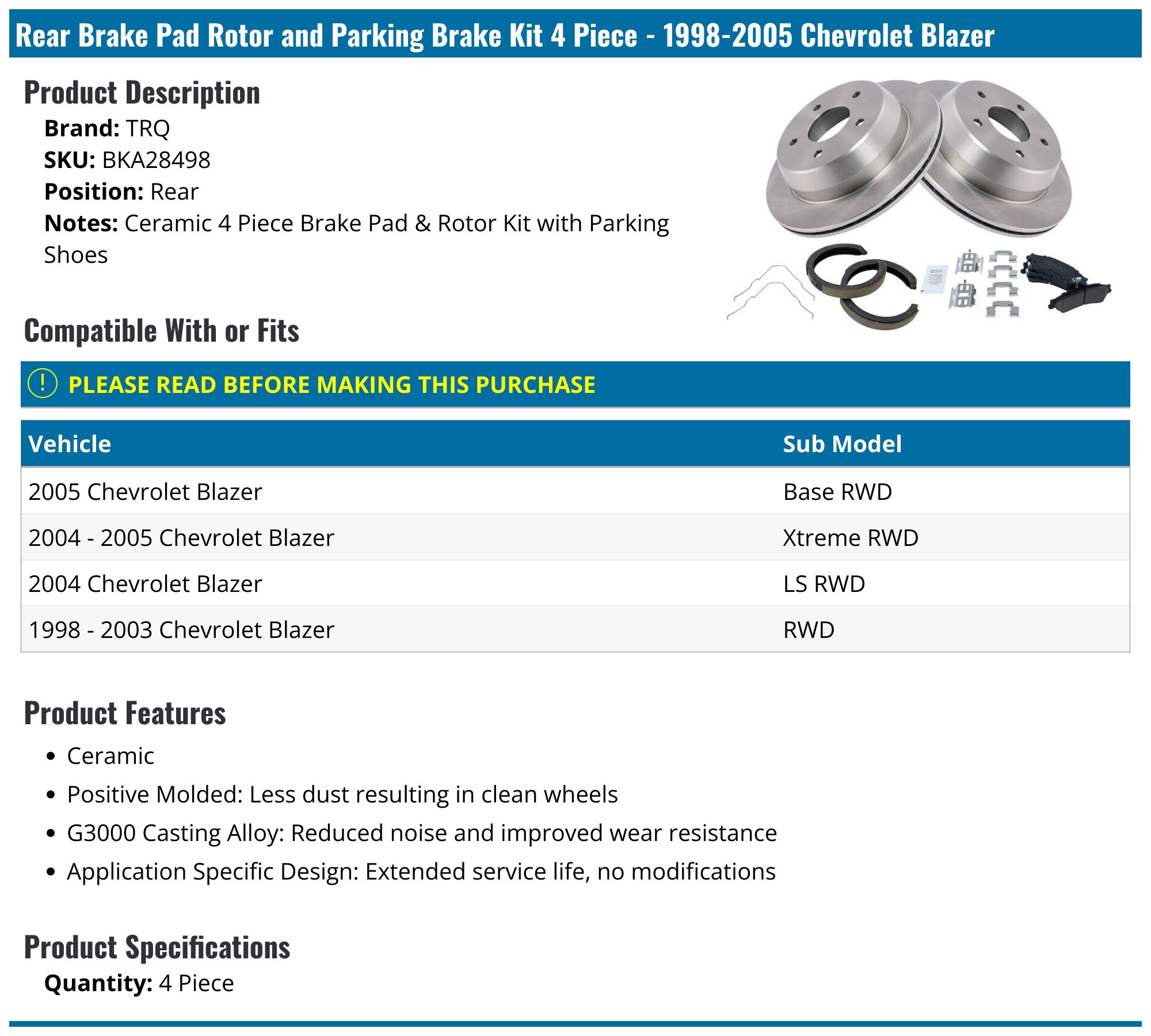 1998-2005 Chevrolet Blazer Brake Rotor - TRQ BKA28498 - Rear ...