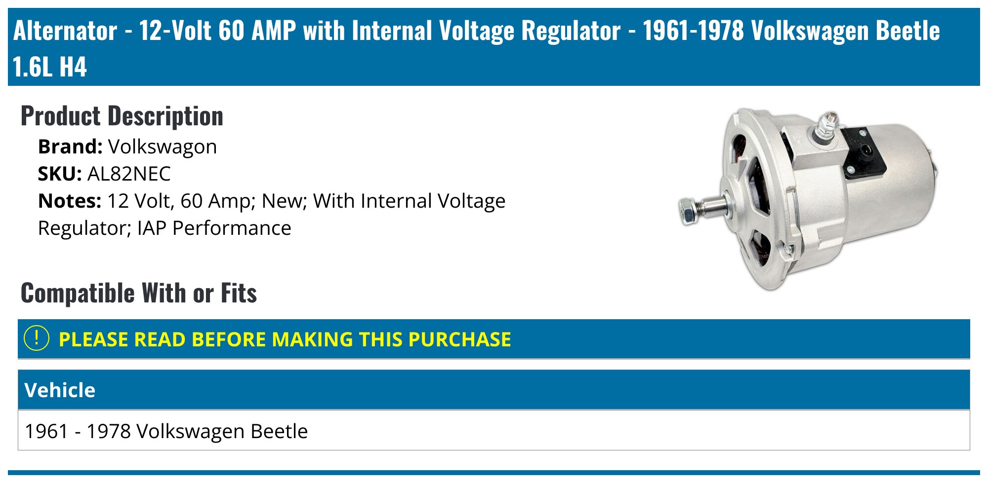 1961-1978 Volkswagen Beetle Alternator - Volkswagon AL82NEC - PartsGeek.com