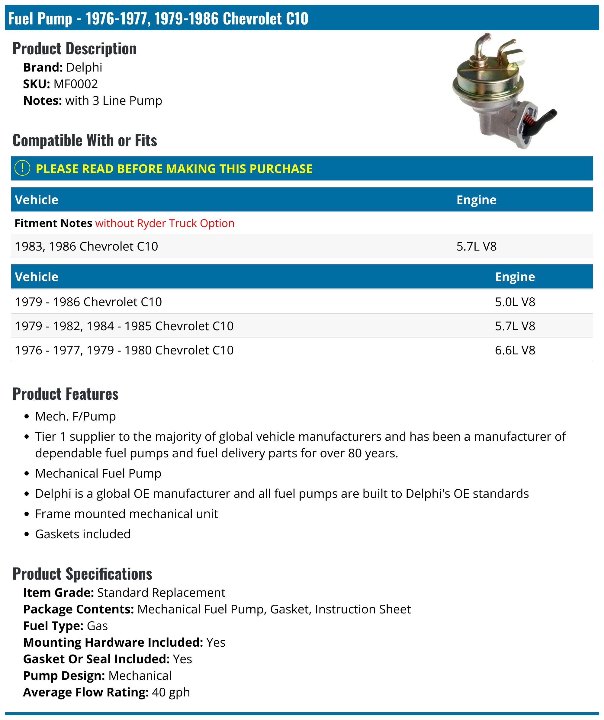 1976-1977, 1979-1986 Chevrolet C10 Fuel Pump - Delphi MF0002 ...