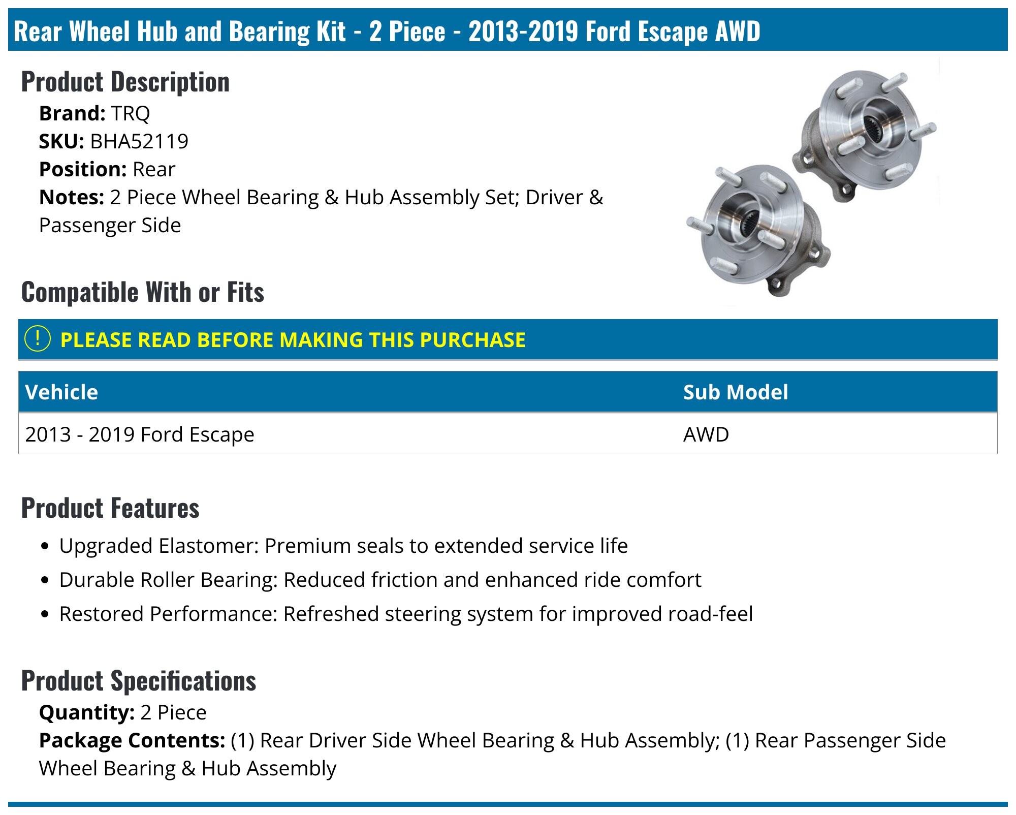 2013-2019 Ford Escape Wheel Hub Assembly - TRQ BHA52119 - Rear ...