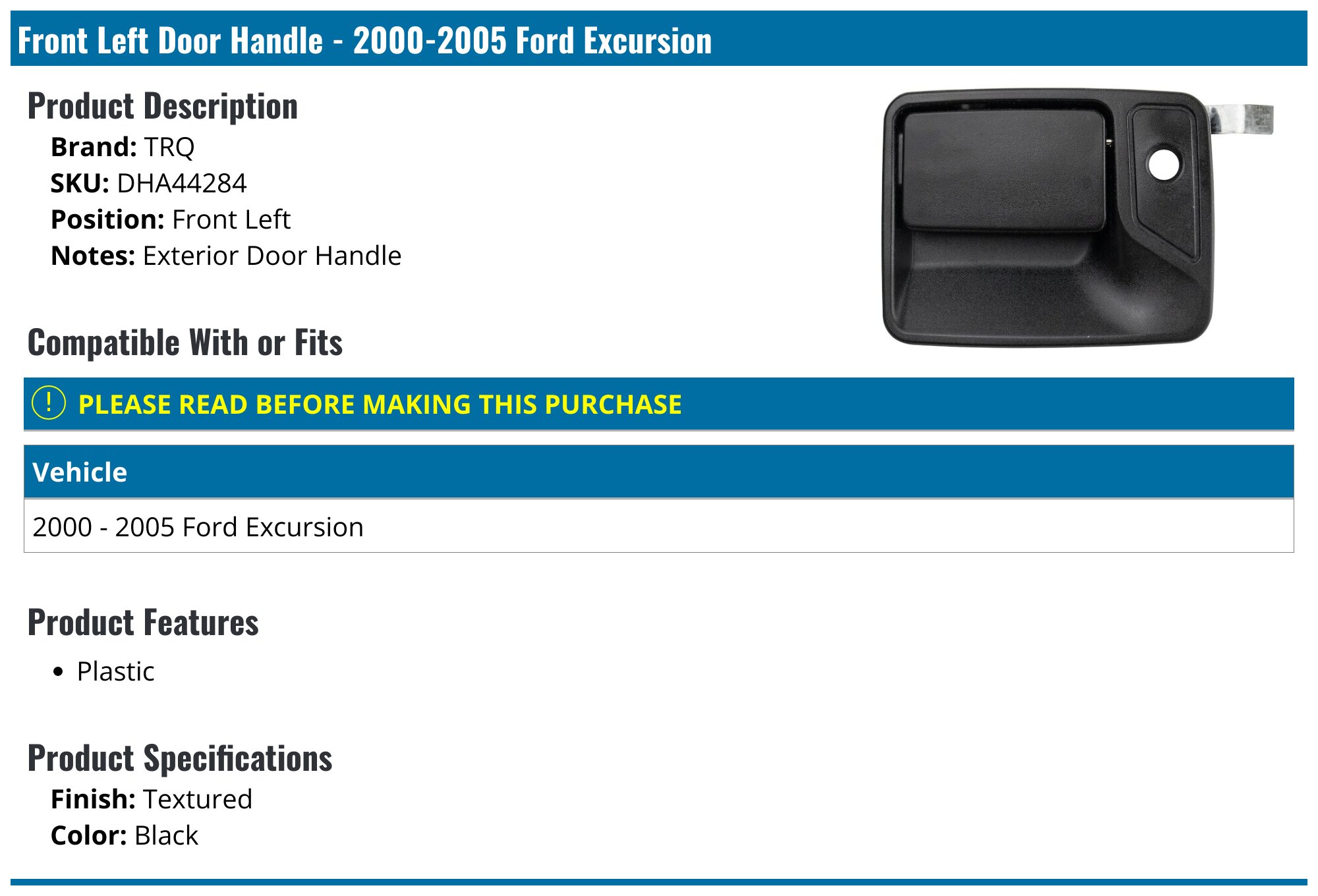 2000-2005 Ford Excursion Door Handle - TRQ DHA44284 - Front Left ...
