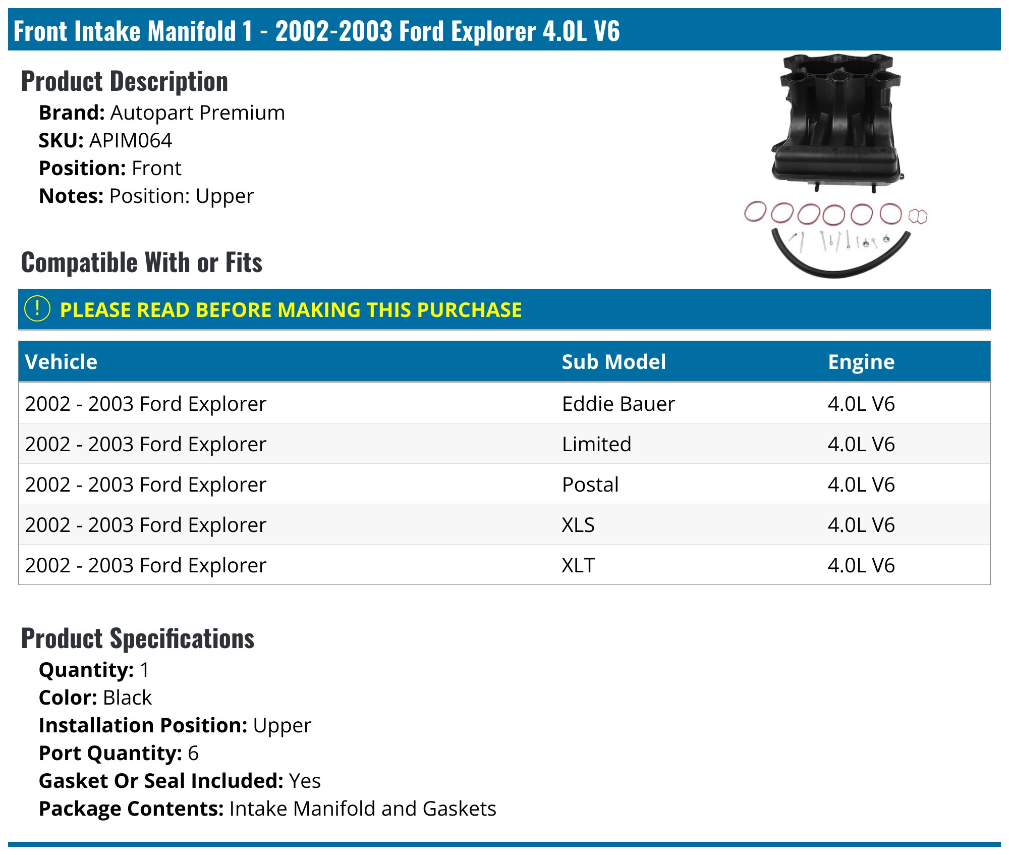 2002-2003 Ford Explorer Intake Manifold - Autopart Premium APIM064 ...