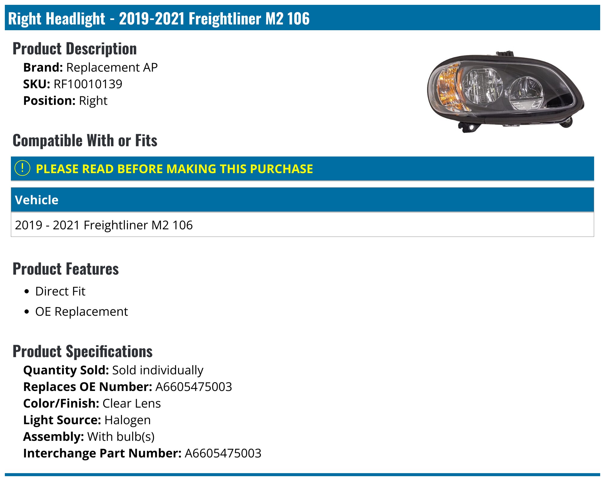 2019-2021 Freightliner M2 106 Headlight Assembly - Replacement AP ...