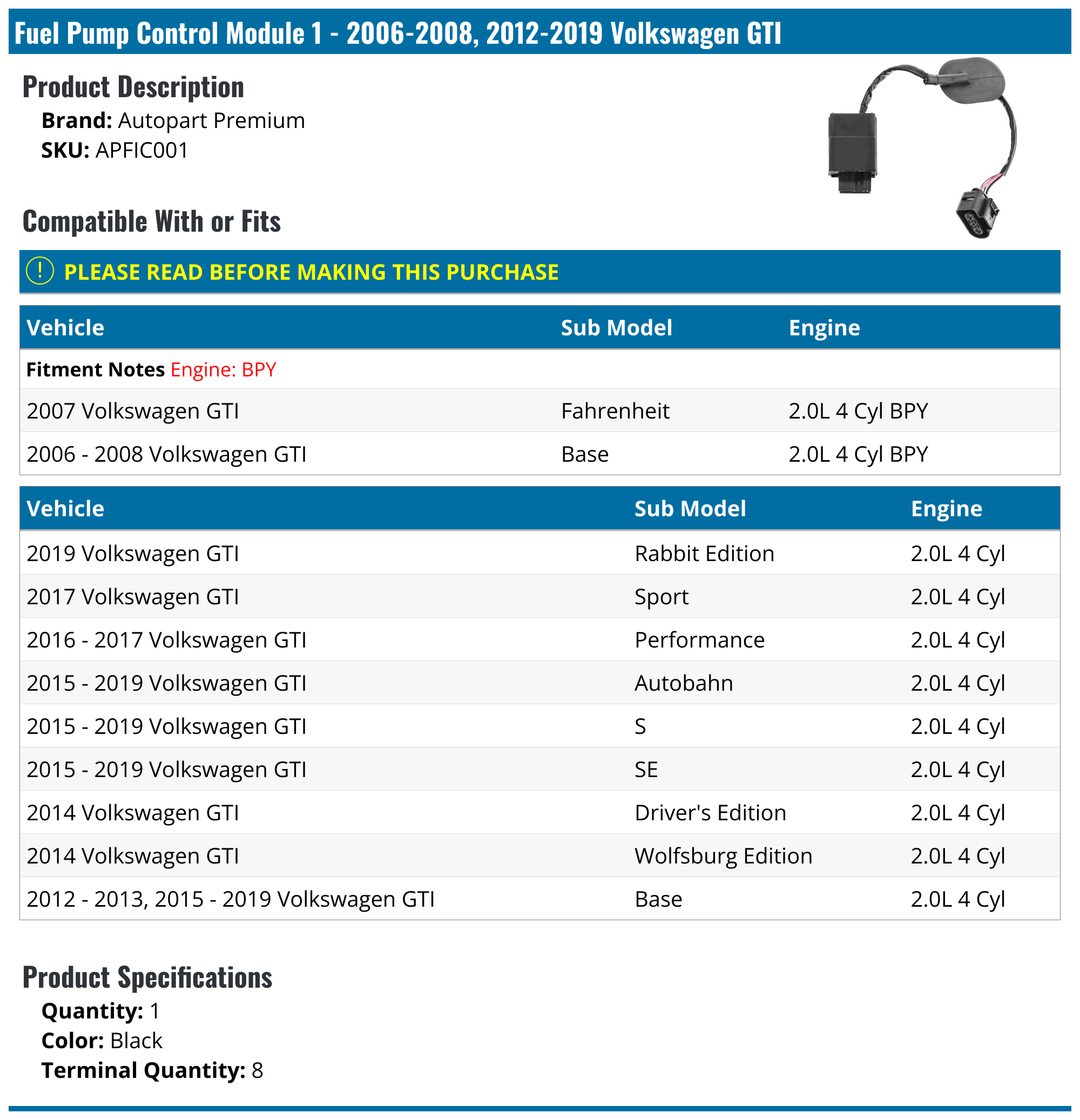 2006-2008, 2012-2019 Volkswagen GTI Fuel Injector Control Module ...