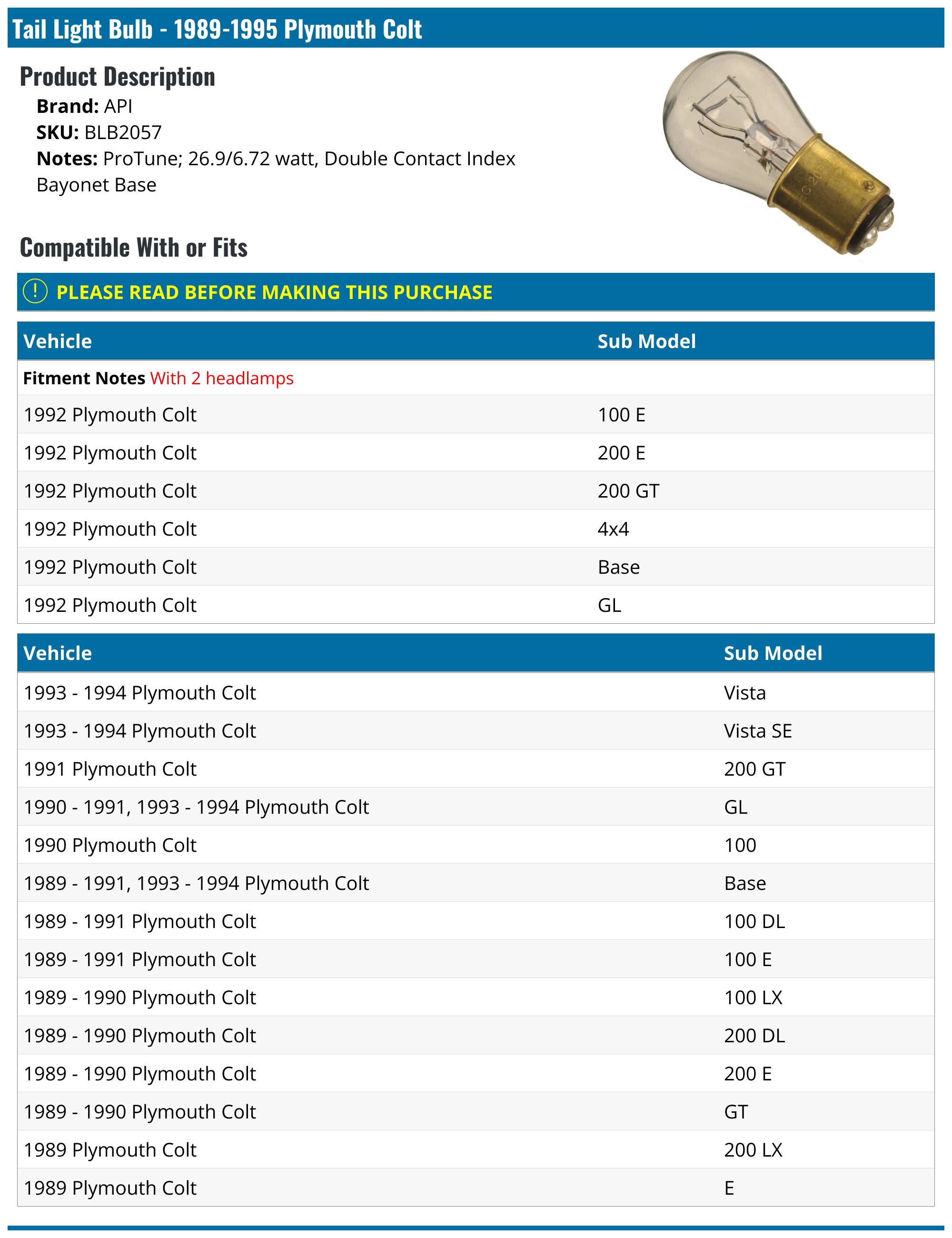 1989-1995 Plymouth Colt Tail Light Bulb - API 2366-07445349 - PartsGeek.com