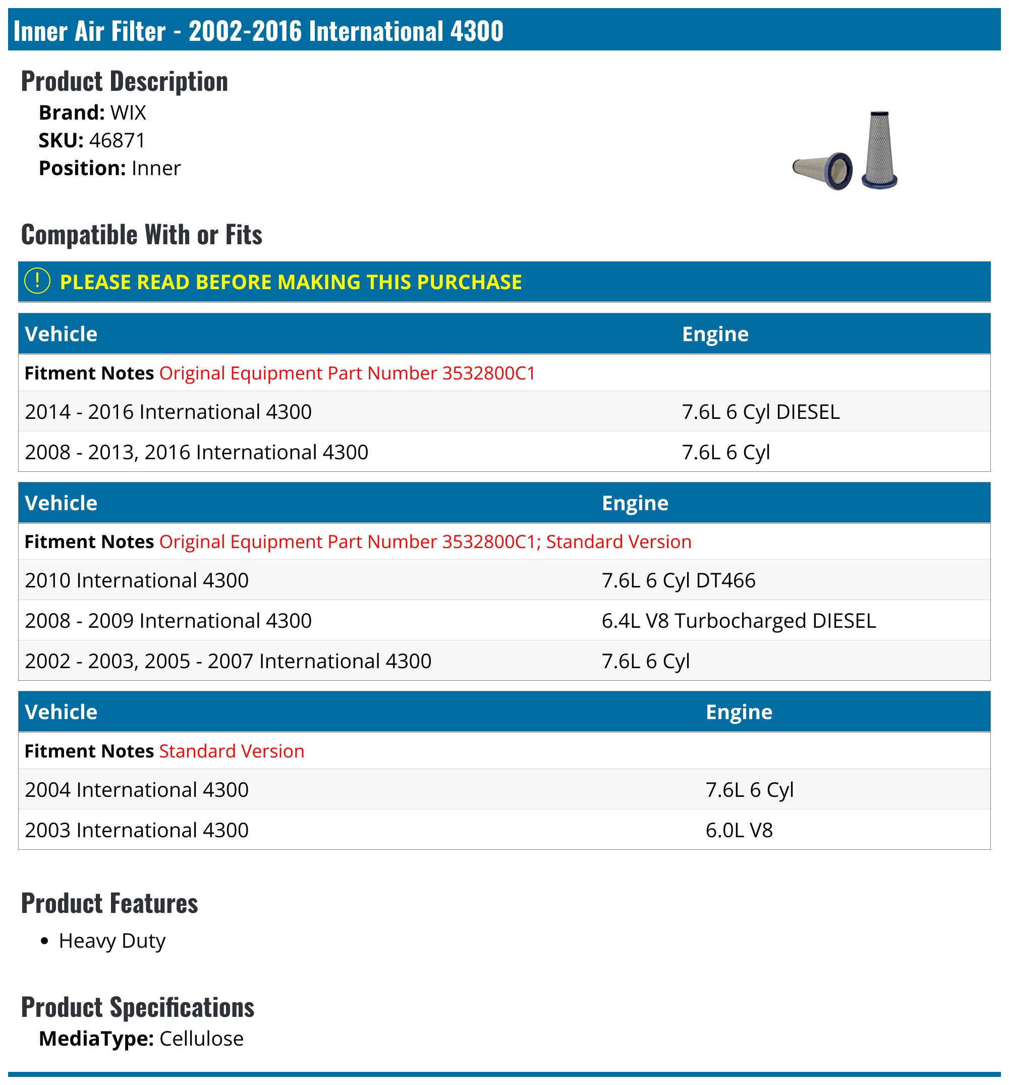 2002-2016 International 4300 Air Filter - WIX 46871 - Inner - PartsGeek.com