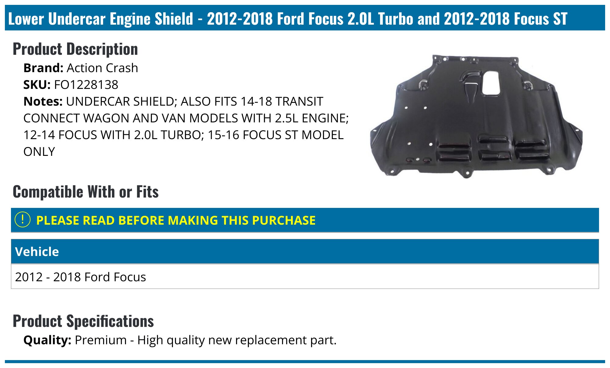 2013-2018 Ford Focus Lower Engine Cover - Action Crash FO1228138 ...