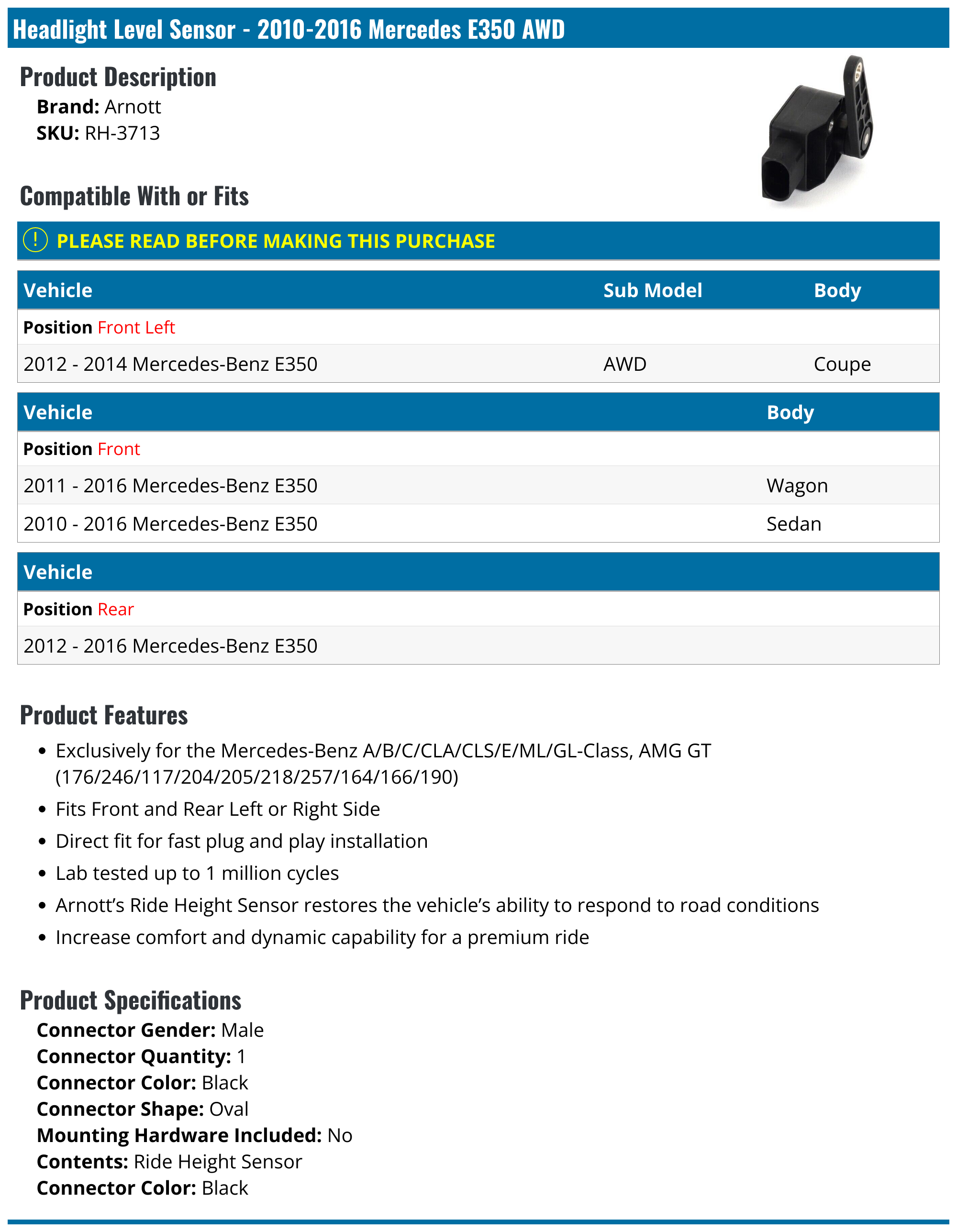 2010-2016 Mercedes E350 Headlight Level Sensor - Arnott RH-3713 - Front ...