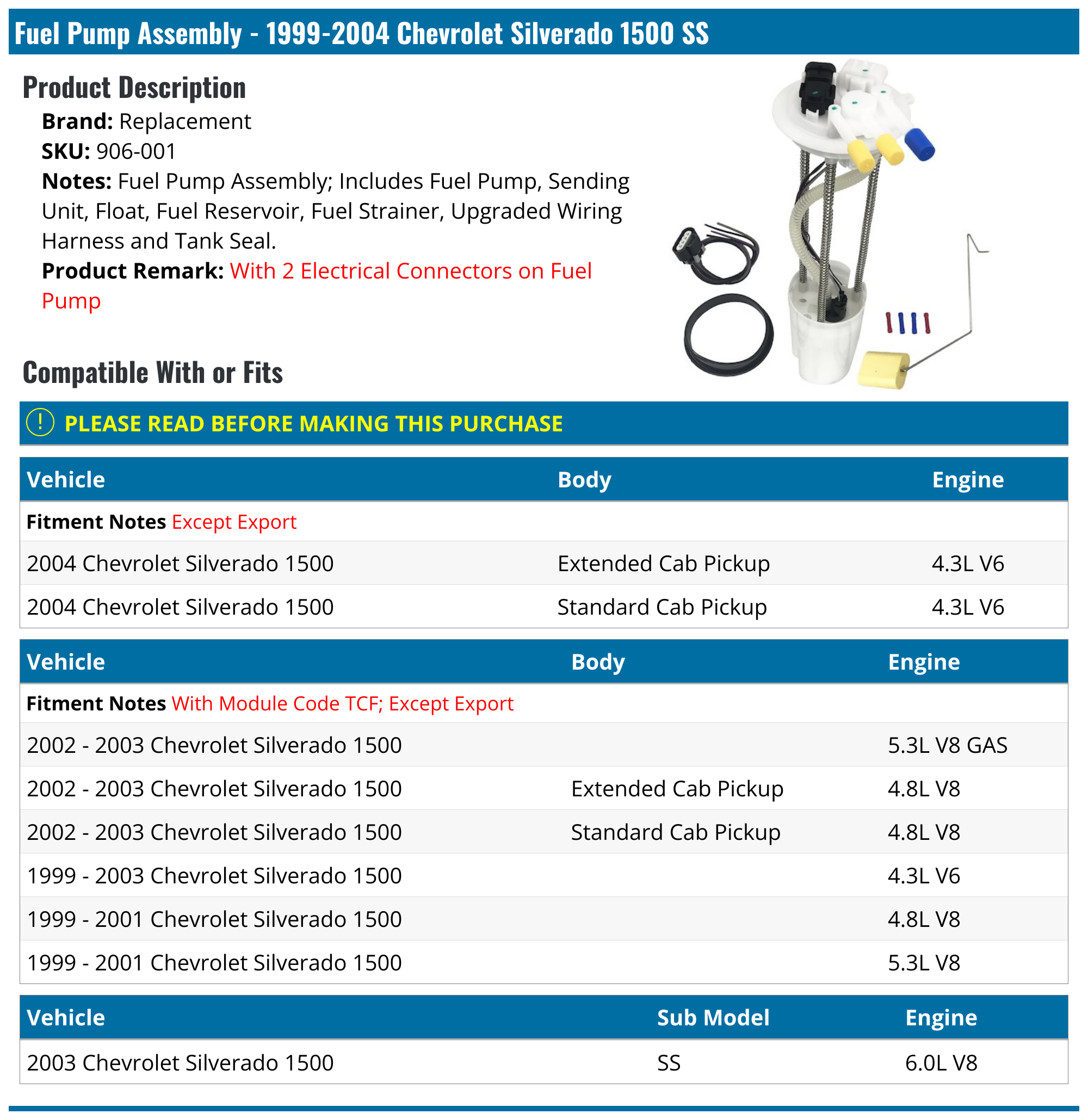 1999-2004 Chevrolet Silverado 1500 Fuel Pump - Replacement 906-001 ...