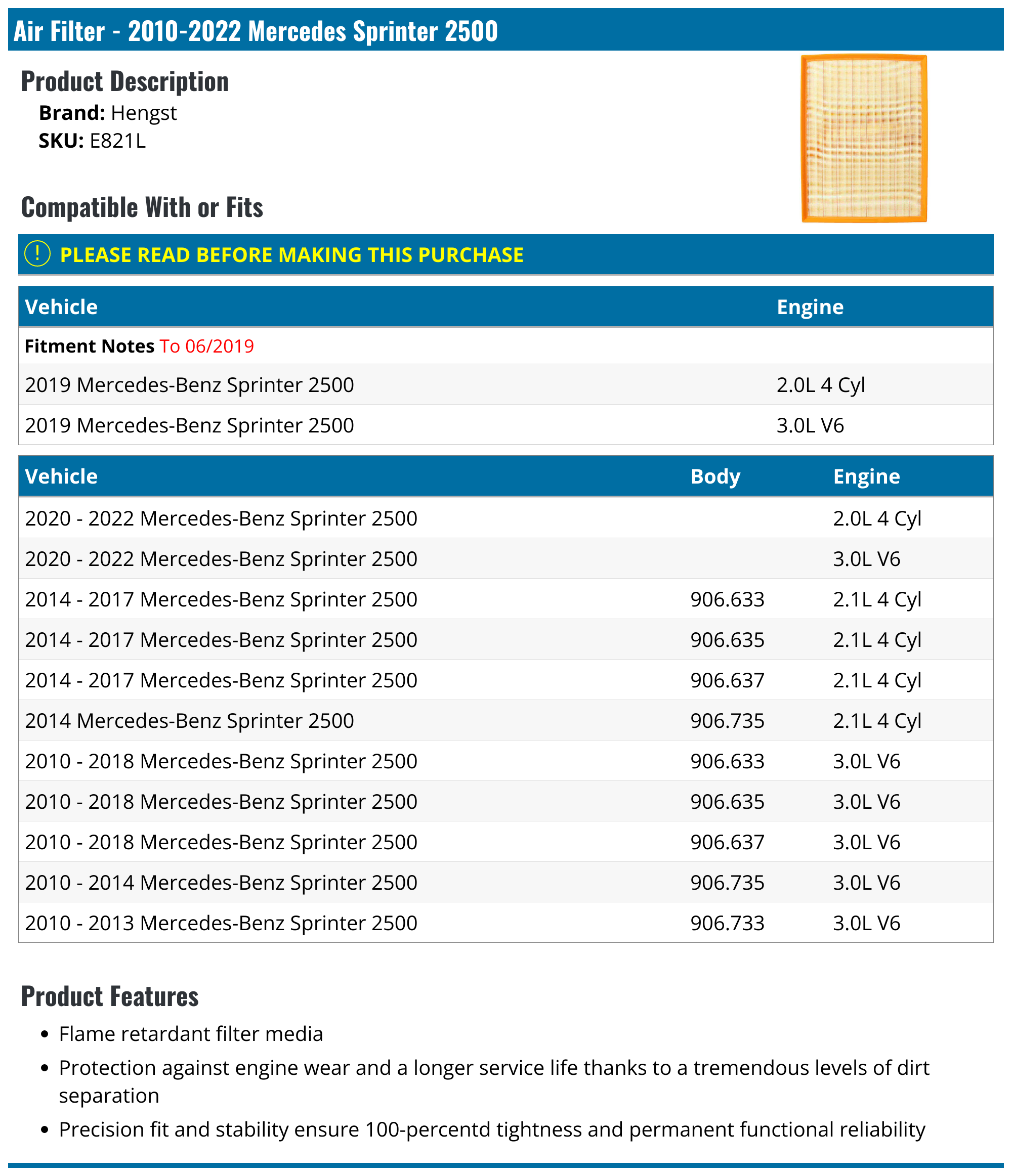 2010-2022 Mercedes Sprinter 2500 Air Filter - Hengst E821L ...