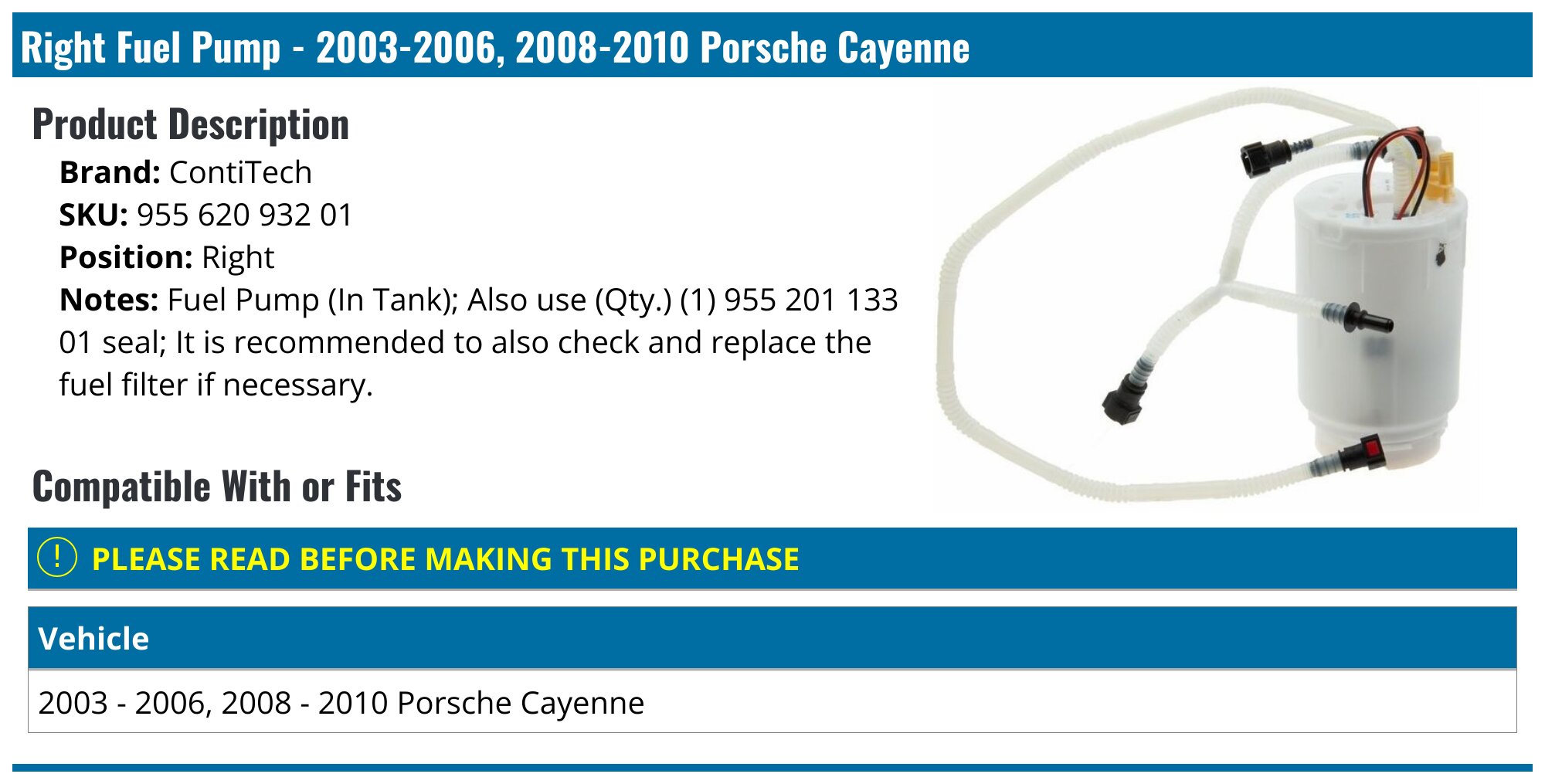 2003-2006, 2008-2010 Porsche Cayenne Fuel Pump - ContiTech 955 620 932 ...