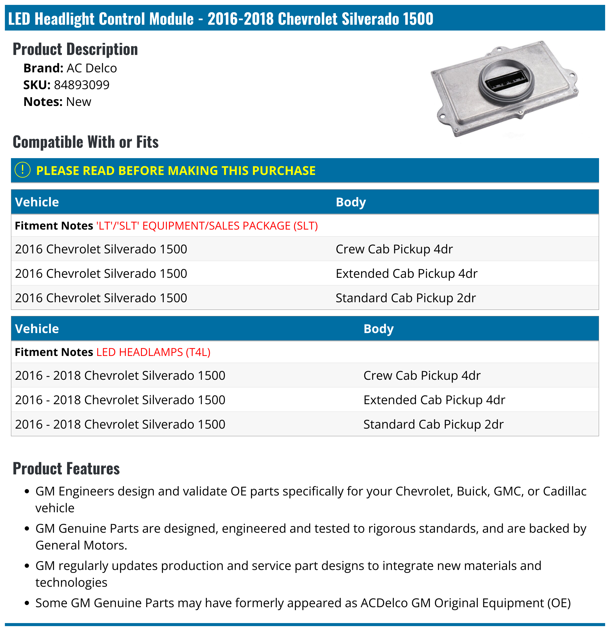 2016-2018 Chevrolet Silverado 1500 LED Headlight Control Module - AC ...