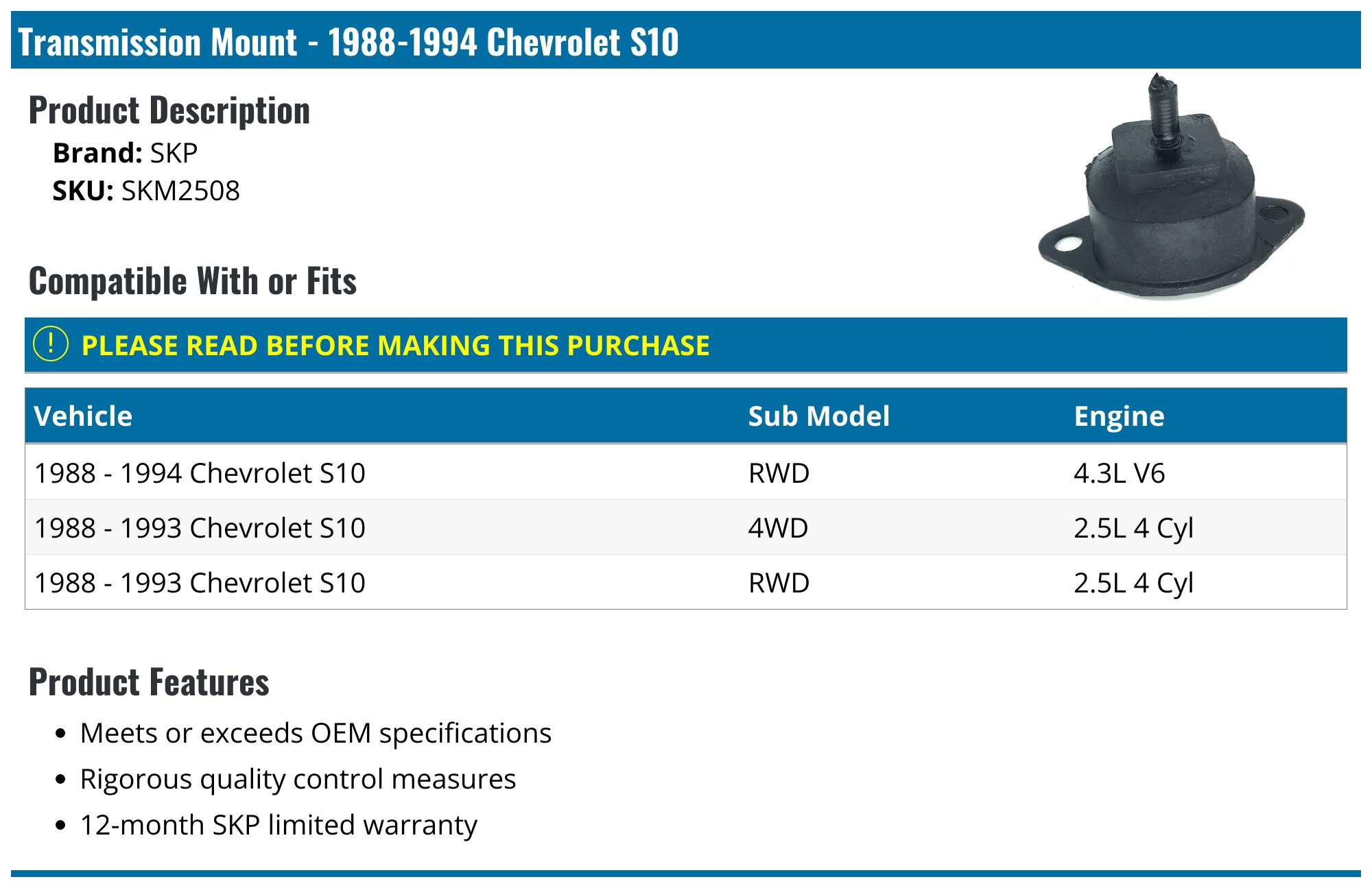 1988-1994 Chevrolet S10 Transmission Mount - SKP SKM2508 - PartsGeek.com