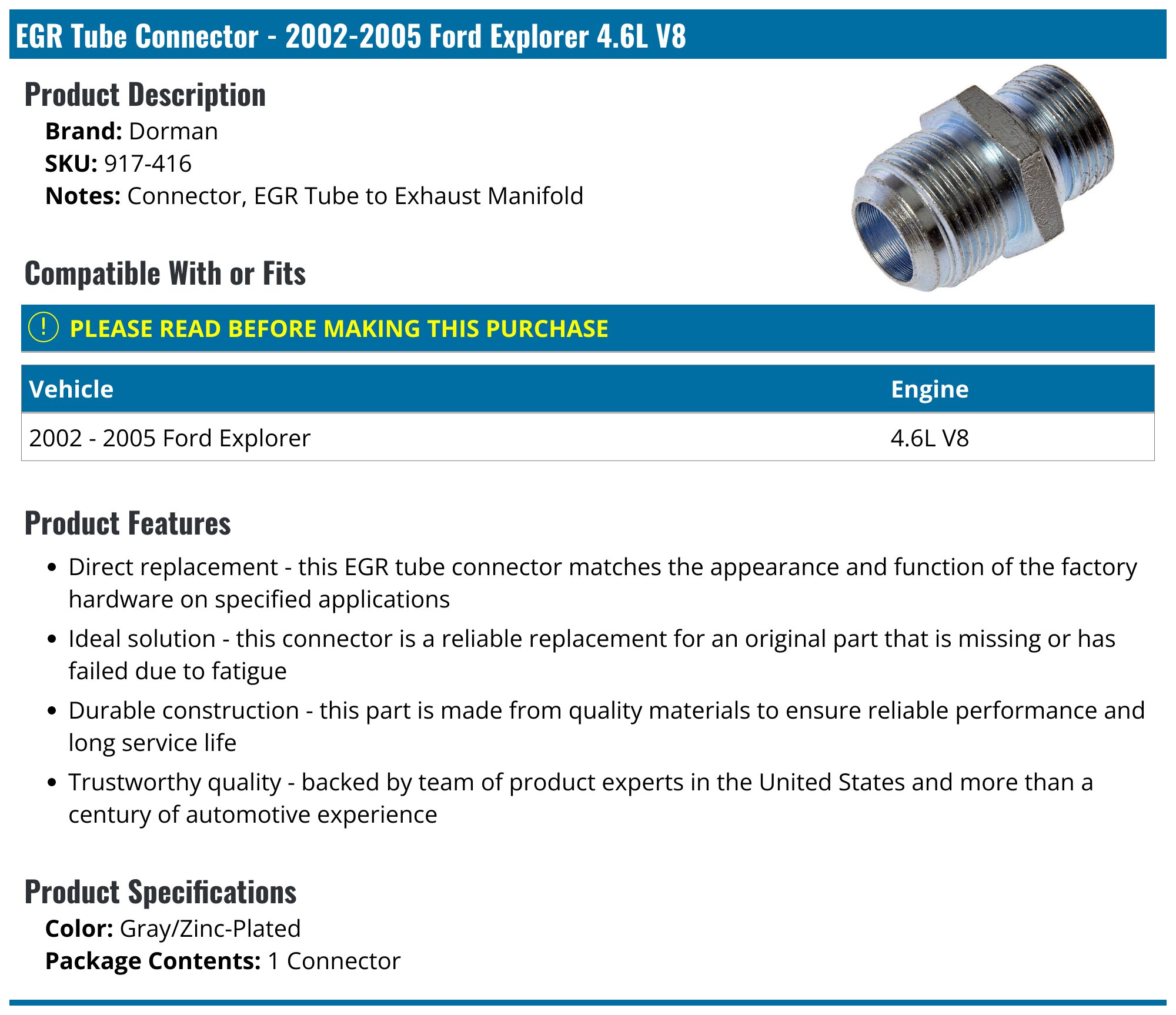 2002-2005 Ford Explorer EGR Tube Connector - Dorman 917-416 - PartsGeek.com